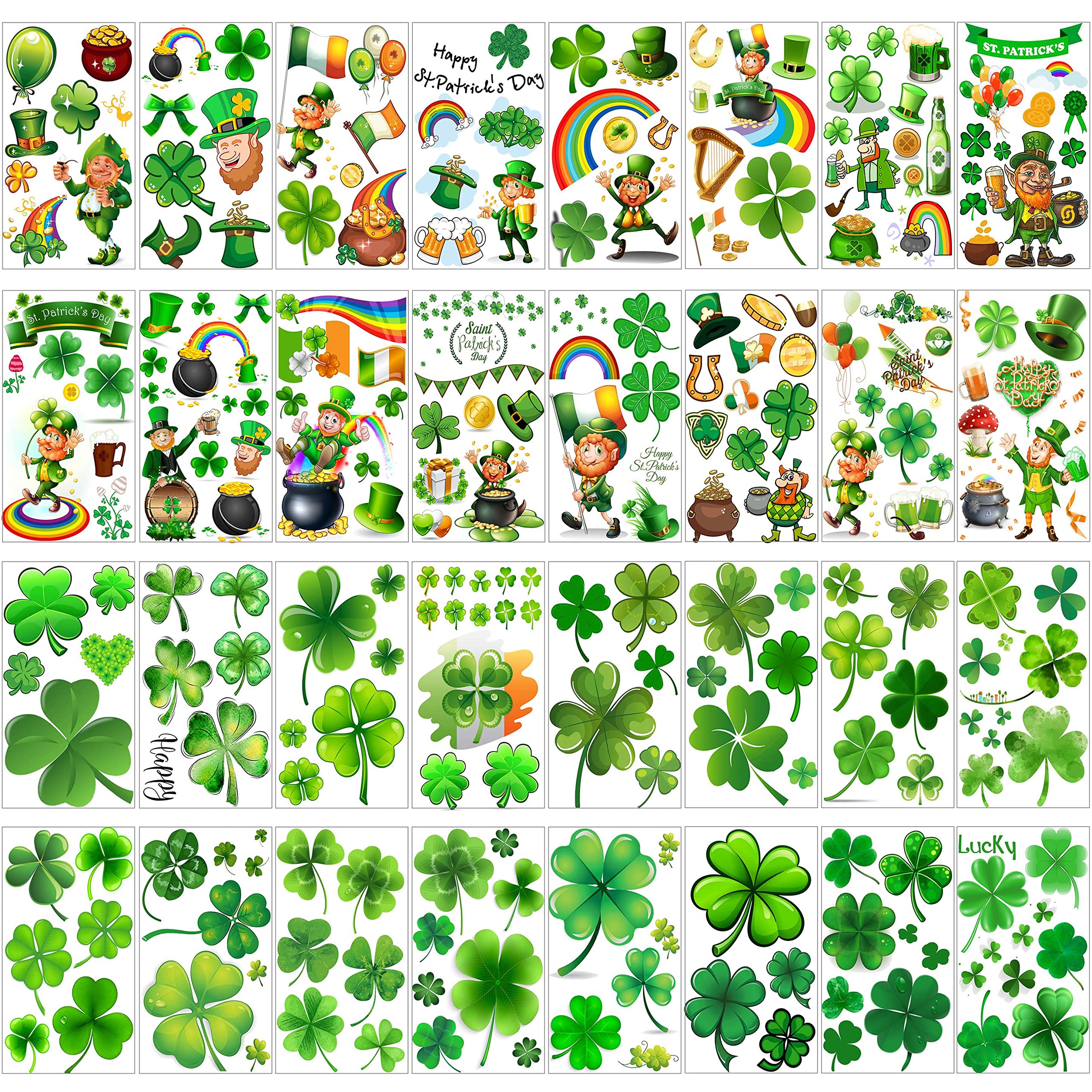 VANTATY 32 Sheets 248+ PCS St Patricks Day Tattoos For Kids Girls Boys Women Men Adults, Saint St. Patrick's Day Accessories Shamrock Temporary Tattoo Stickers, Lucky Clover Tattoo Irish Party Favor