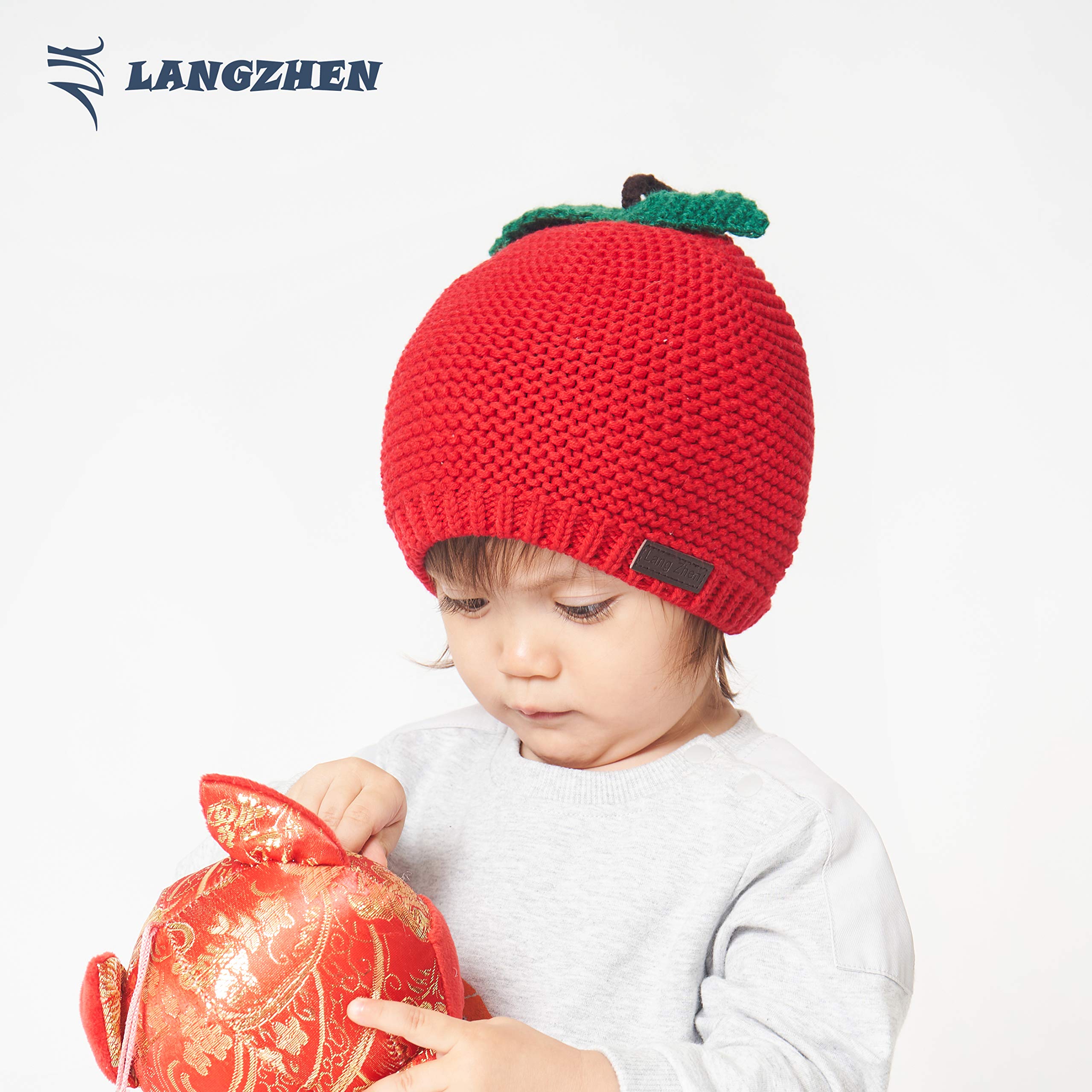 LANGZHEN Toddler Boys Girls Winter Hat Knit Beanie Hat for Fall Kids Baby Cute Warm Cap(Red-Apple,46-48CM)