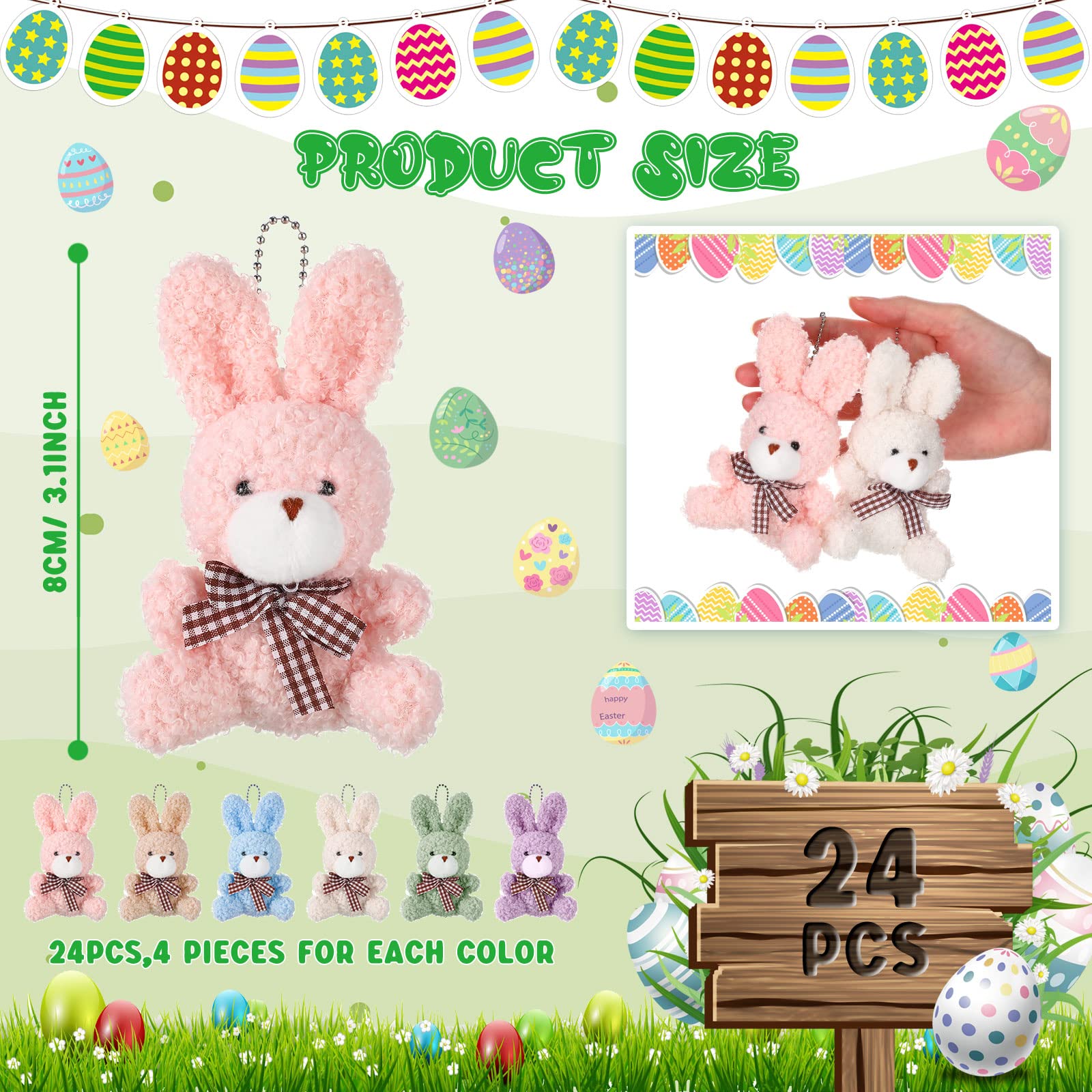 Sanwuta 24 Pcs Bunnies Plush Animal Keychain Mini Rabbit Stuffed, Bunny Plush Bunny Stuffed Animal for Easter Eggs Filler Baskets Filler Easter Party Supplies Decorations