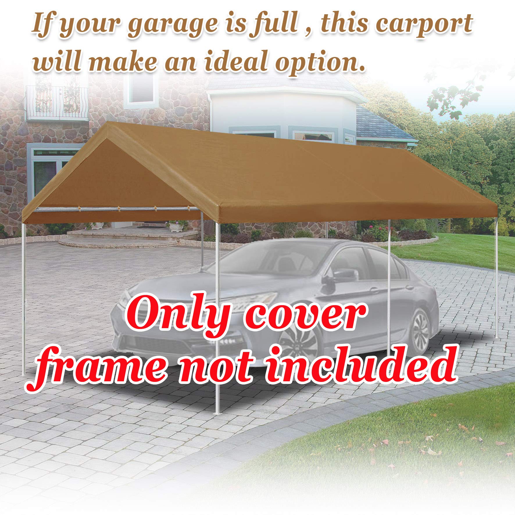 Strong Camel Outdoor 10x20 Replacement Canopy Roof Cover Valanced Carport Covers (10'x20', Tan)