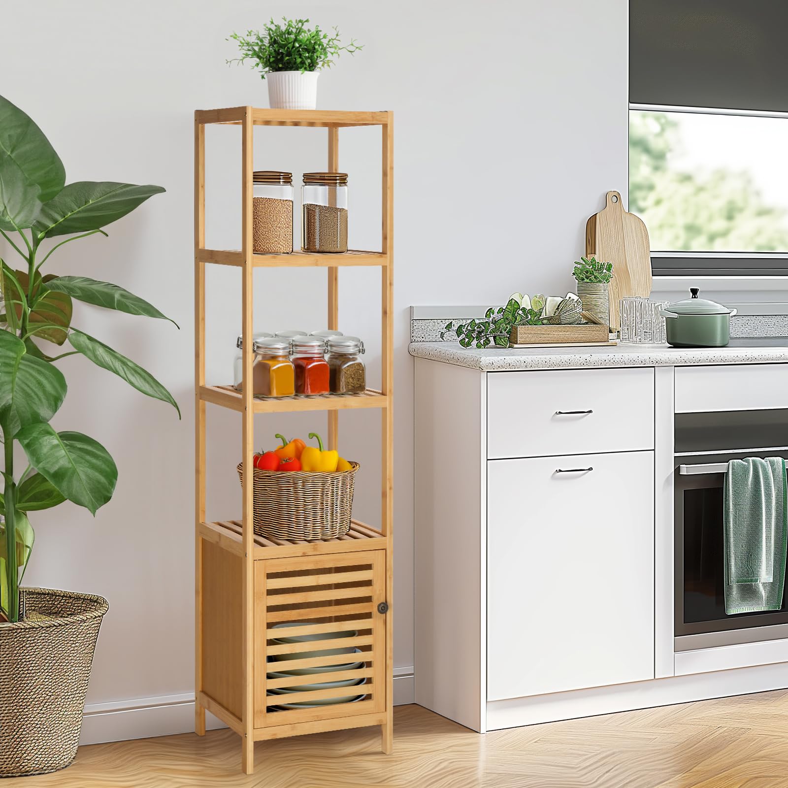 Vasitelan Bamboo Bathroom Storage Floor Cabinet, 4 Tiers Multifunctional Floor Shelving Unit, Free Standing Tower Corner Rack