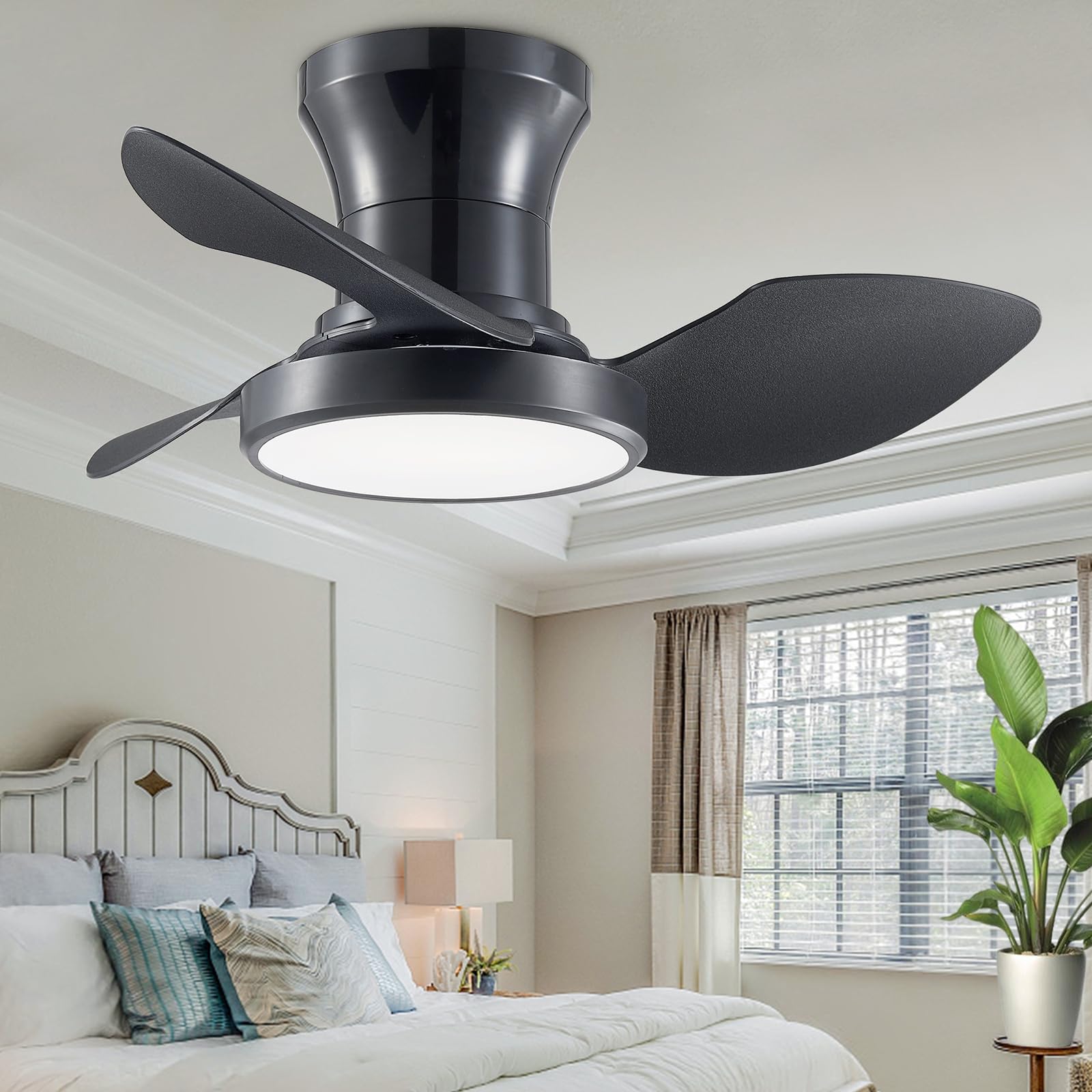 Keejeenb Ceiling Fan with Light Remote Control 25 Inch, White LED Ceiling Fan with Light, Large Air Volume Quiet Reversible Modern Ceiling Fan for Bedroom, Living Room, Patio (Black)