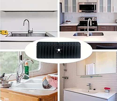 Silicone Faucet Handle Drip Catcher Tray,Sink Protectors、Sponge Holder、Splash Guard for Kitchen Sink Accessories Mat-Upgraded Ramp Pads Make It Easier for Water Droplets to Drain Away (Black)
