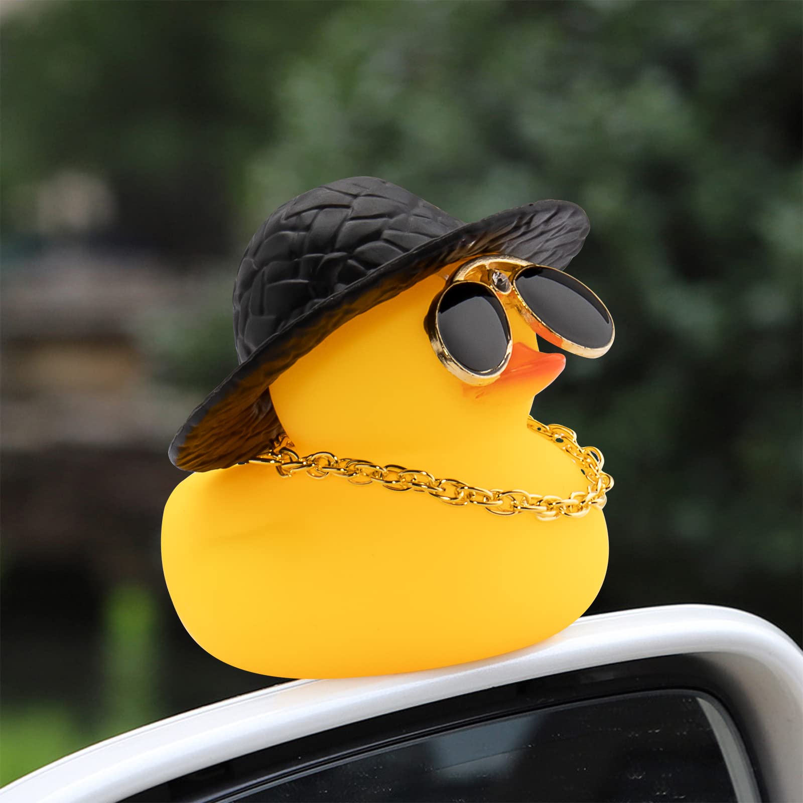 wonuu 3PCS Starw Hat Swim Ring Rubber Ducks with Diamon/Plastic Sunglasses Hat Necklace for Cars Dashboard Decorations Car Accessories Toy Duck Car Ornament, Blue+Black+White