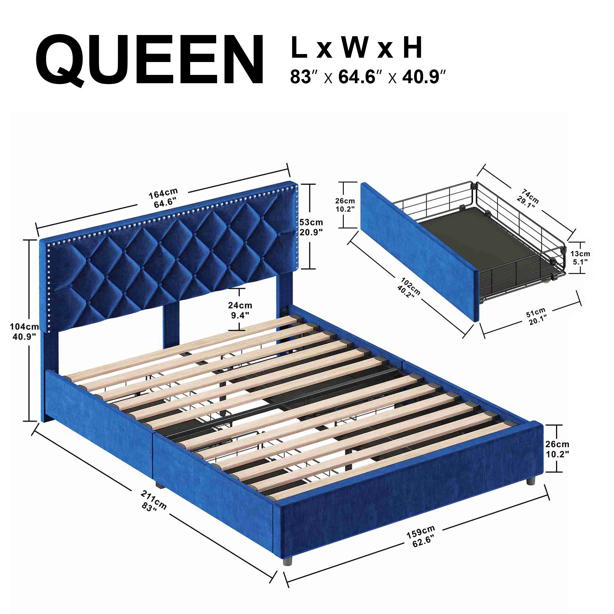 LIKIMIO Queen Bed Frame with 4 Storage Drawers, Velvet Upholstered Headboard with Button Tufted & Rivets, Easy Assembly, No Box Spring Needed (Blue, Queen)