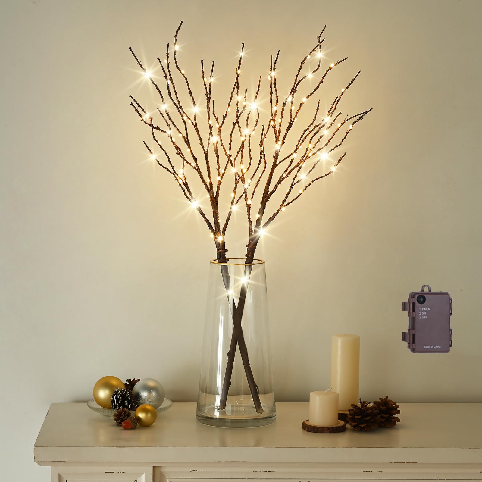 Lighted Branches for Vases, 2PCS Branch Lights, 32IN Birch Tree Branches, Fake Willow Branches, Artificial Twig Lights Christmas Decorations for Home Indoor Outdoor Decor, Brown