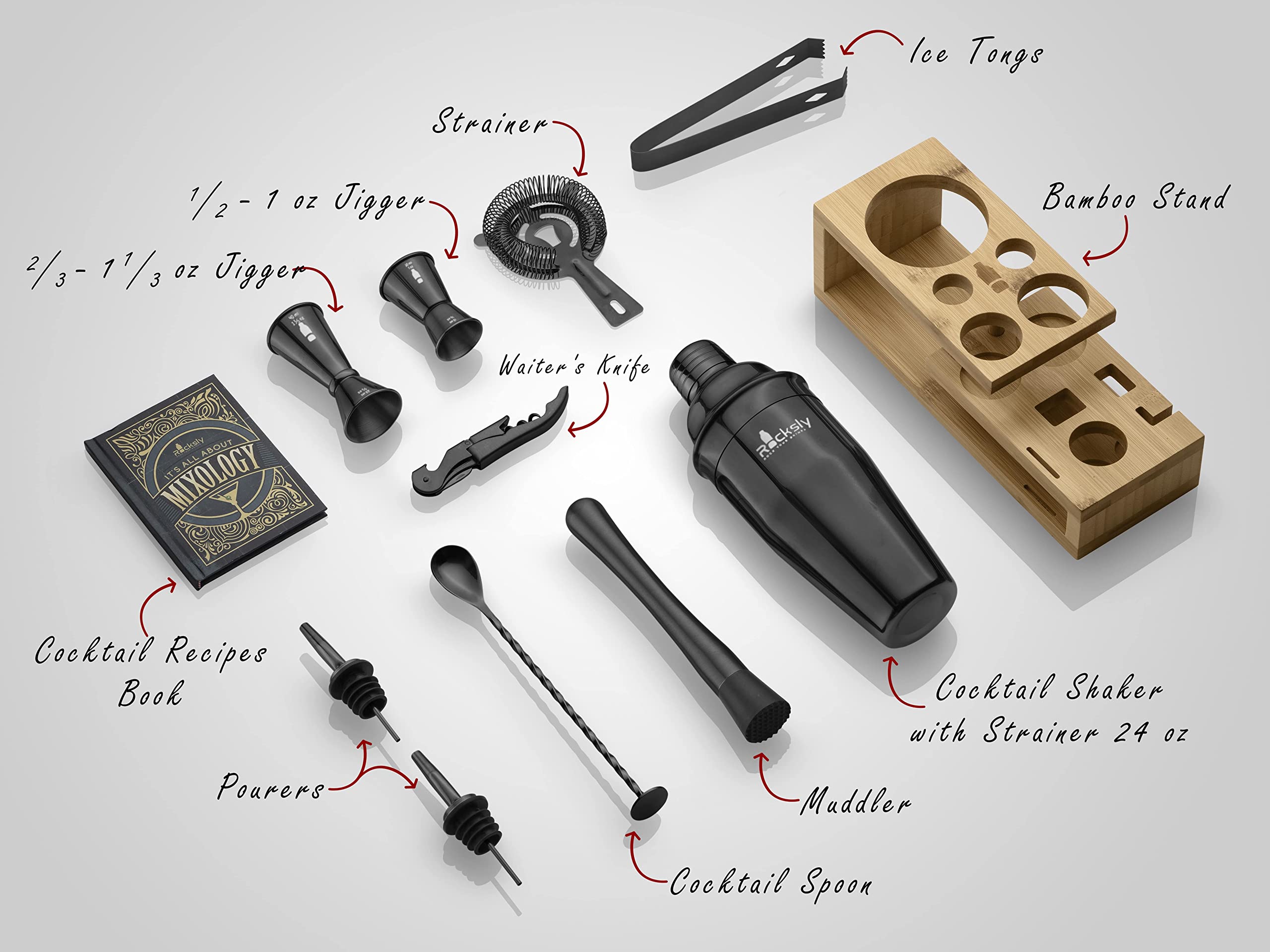 ROCKSLY Mixology Bartender Kit and Cocktail Shaker Set for Drink Mixing | Mixology Set with 10 Bar Set Tools and Bamboo Stand Makes It The Perfect Home Cocktail Kit | Complete Bartender Kit (Black)
