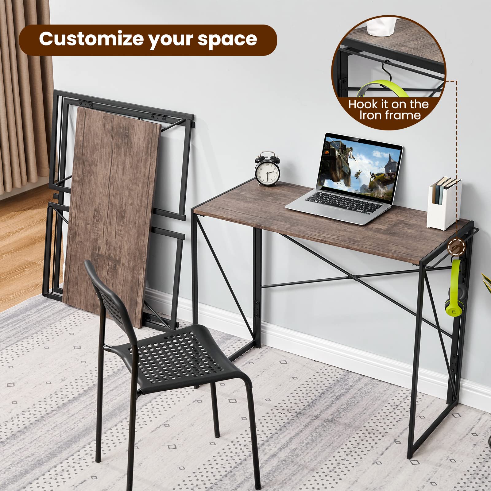 L Shaped Desk Folding Gaming Desk Corner Computer Desk Home Office Workstation PC Writing Table with Large Desk Top, Space-Saving, No Need to Assemble, Brown