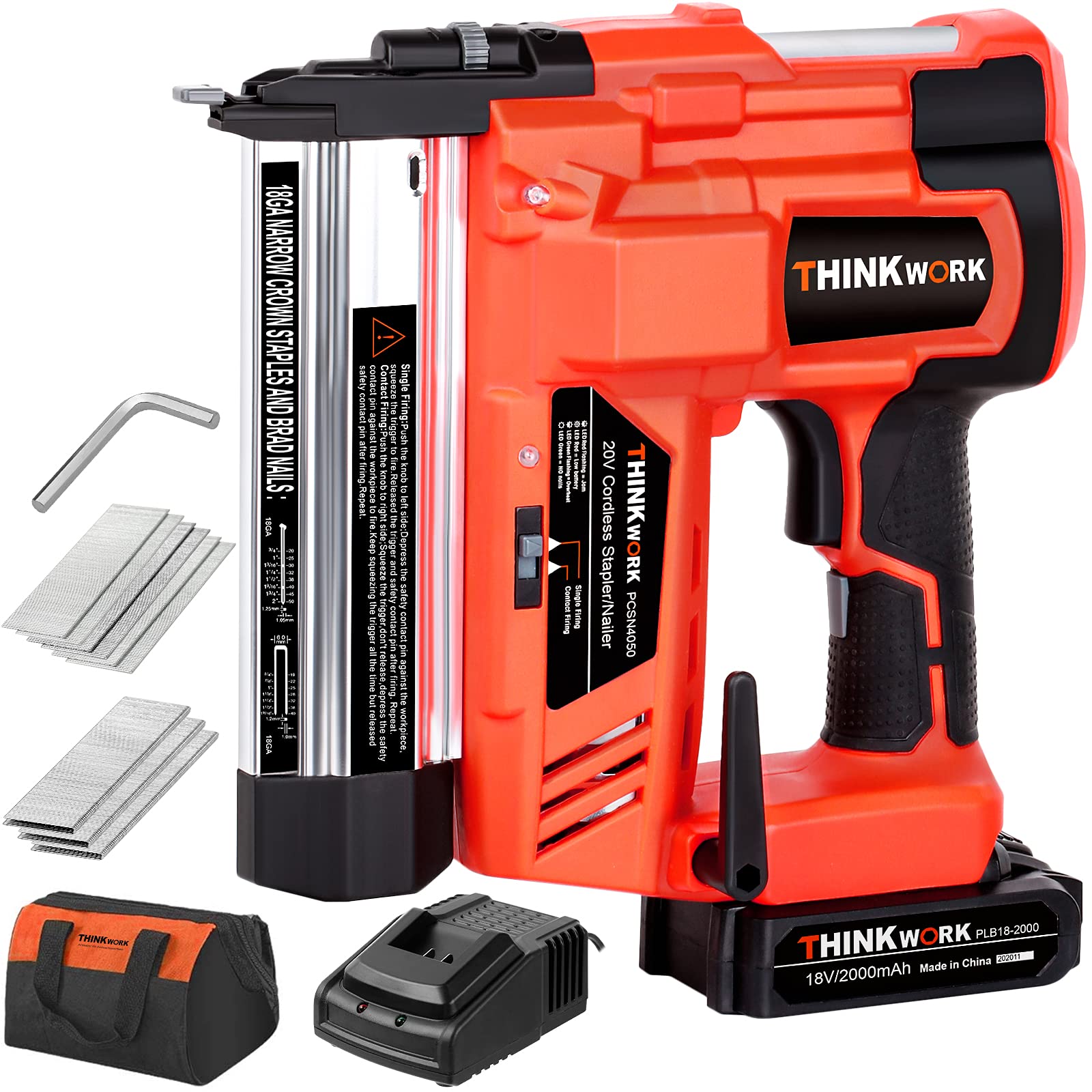 THINKWORK 20V 18 Gauge Cordless Brad Nailer, Durable Nail Gun Battery Powered - (2 in 1 Dual Mode) with Powerful Battery&Fast Charger, 1000 Nails, Single or Contact Firing for Woodworking, Renovation