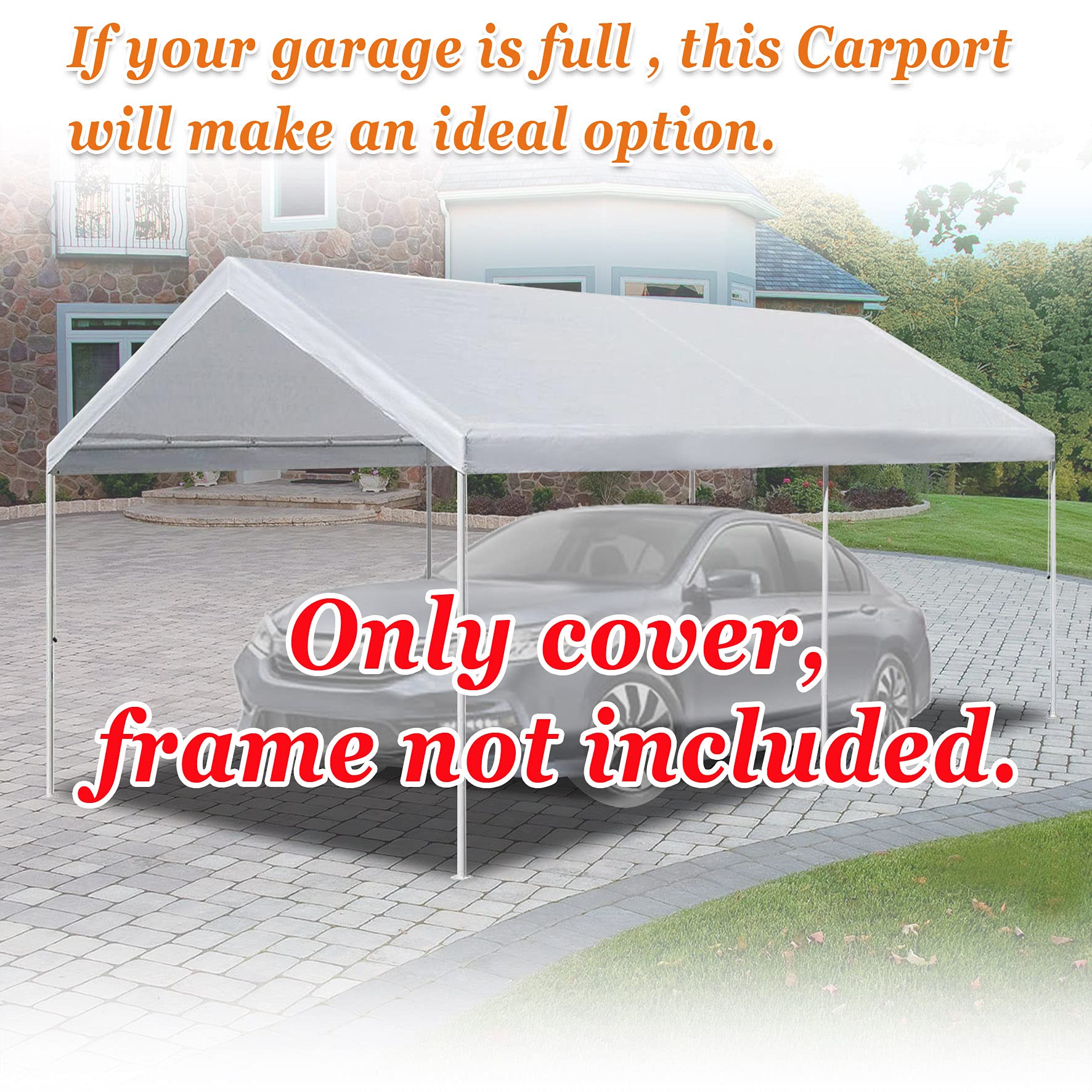 Strong Camel 10'x20' Carport Replacement Canopy Cover for Tent Top Garage Shelter Cover with Ball Bungees (Only Cover, Frame is not Included)