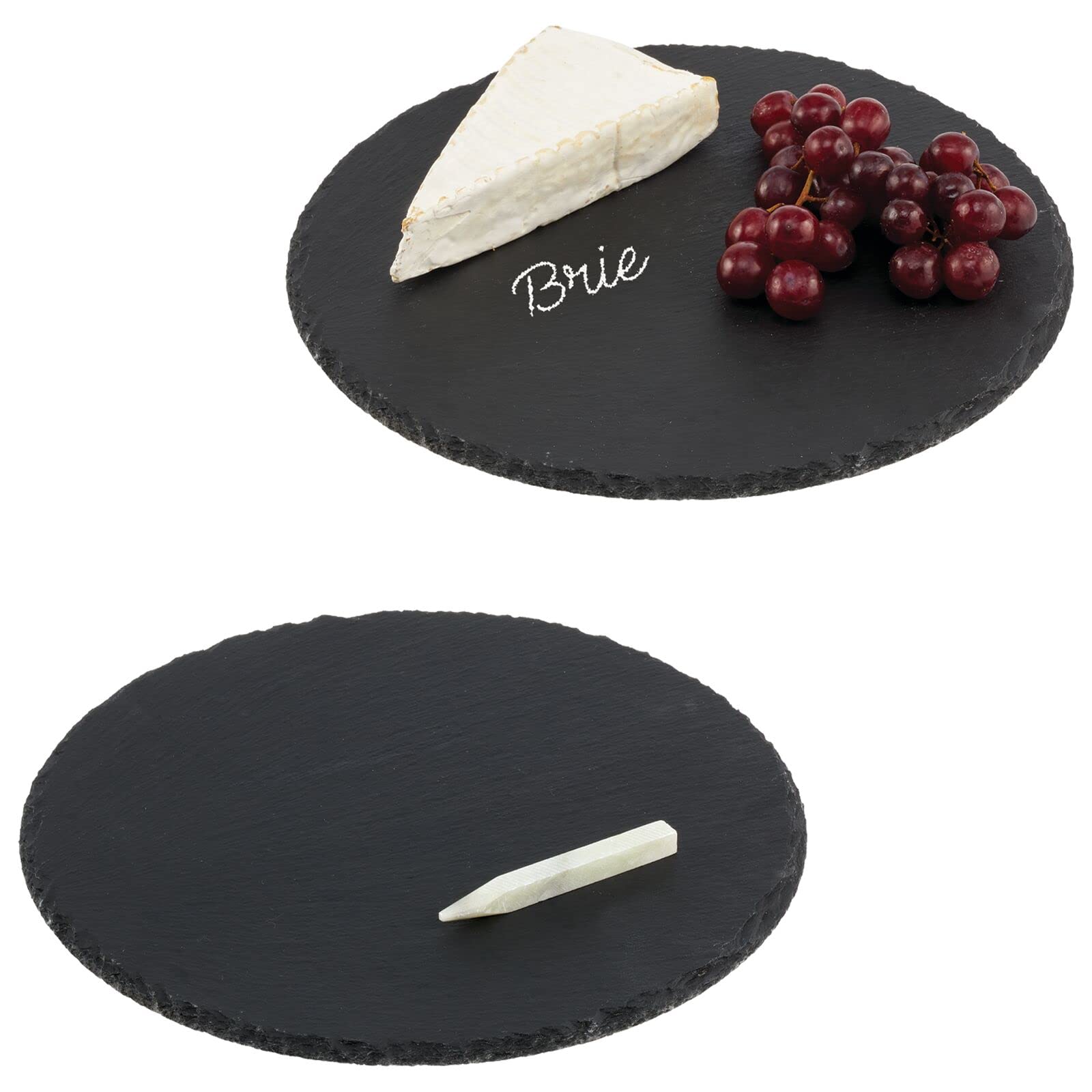 mDesign Slate Stone Round Gourmet Chalkboard Serving Platter, Cheese Board, Charcuterie Tray with Natural Edge and Chalk Pencil for Cheese, Meats, Appetizers, Dried Fruits, and Food - 2 Pack - Black