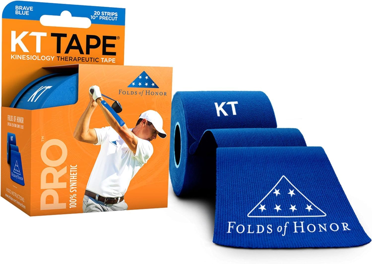 KT Tape, Pro Synthetic Kinesiology Athletic Tape, Folds of Honor, 20 Count, 10” Precut Strips, Brave Blue