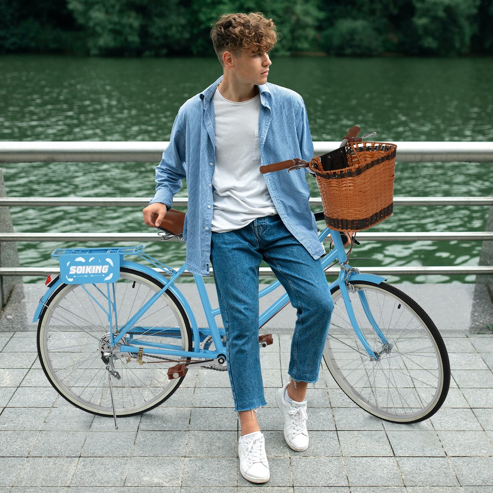 Sky Blue Women's Cruiser Beach Bike, Leisure Bikes, Urban Road Bicyle, Single-Speed, 26inch Wheels, with A Detachable Basket, Rear Frame