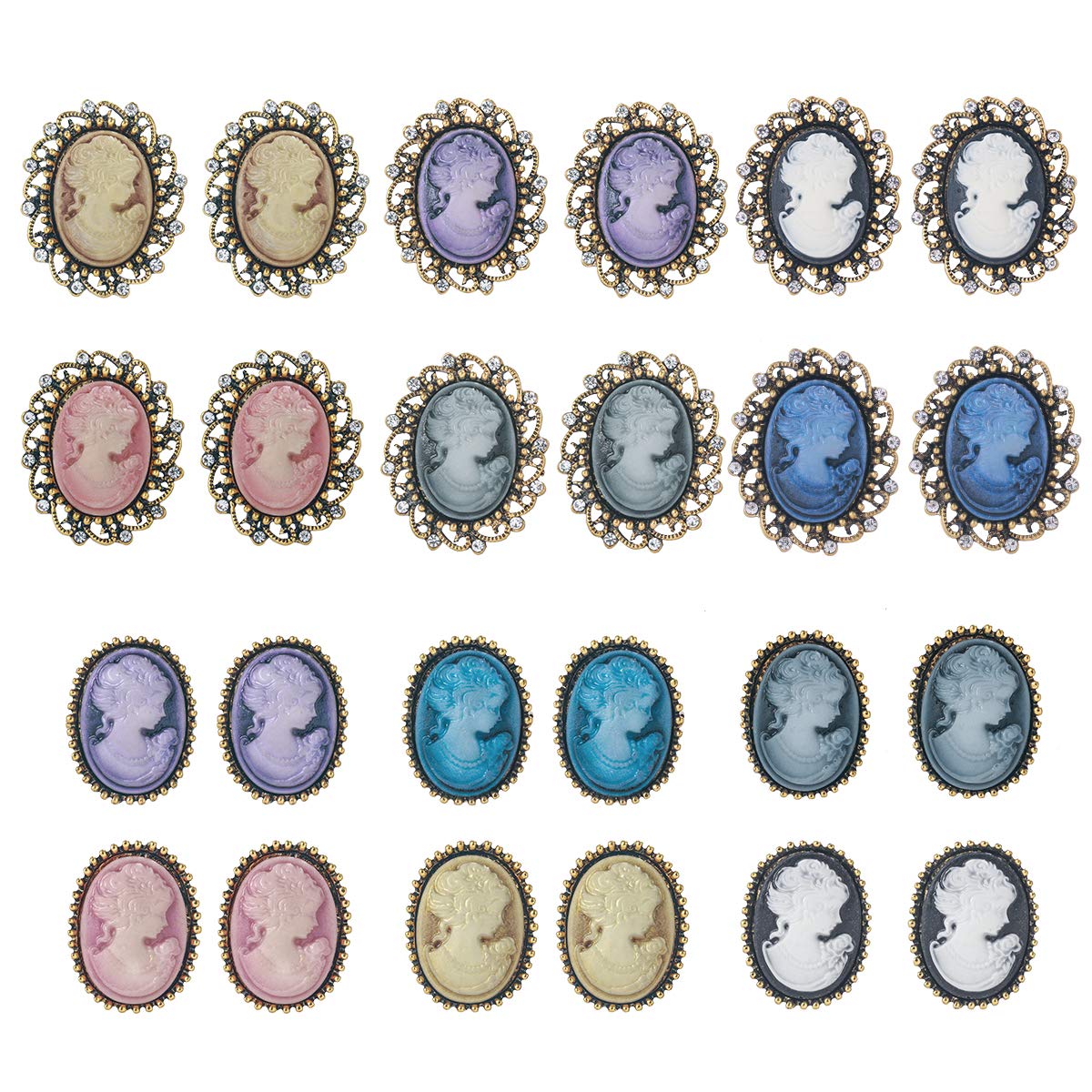 MEEDOZ Women's Lot 24pcs Multicolor Crystal Rhinestone Vintage Victorian Cameo Flower Brooch Pin Set (Multicolor 24pcs)