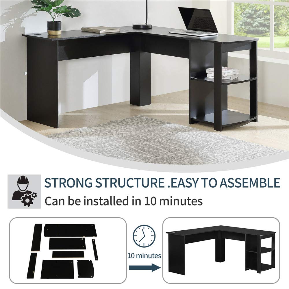 L-Shaped Home Office Corner Desk Wood Top Modern Laptop Study Table Workstation Gaming Writing Desk (Black)