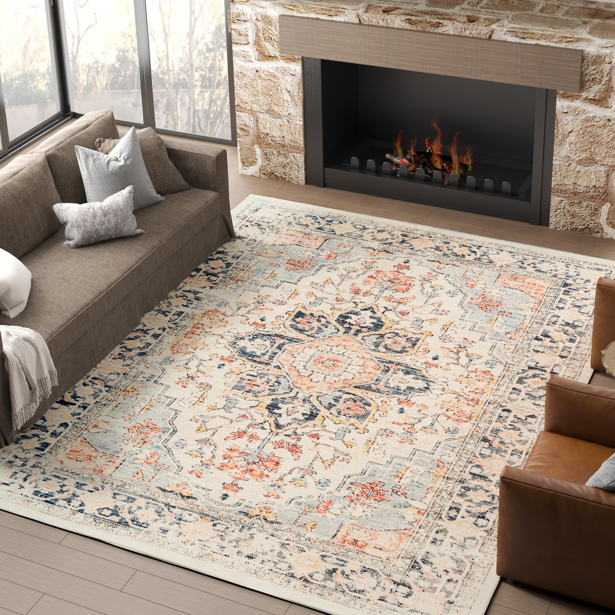 jinchan Boho Area Rug 8x10 Tribal Living Room Rug Non-Slip Washable Rug Low-Pile Floor Soft Oriental Carpet for Indoor Front Bedroom Kitchen Farmhouse Orange