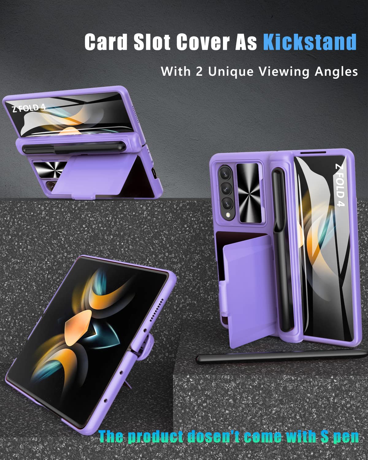 Vihibii for Galaxy Z Fold 4 Case with Card Holder & Sliding Camera Cover, S Pen Holder & Screen Protector & Magnetic Hinge Protection & Kickstand, Hard PC Phone Case for Samsung Z Fold 4 (Purple)