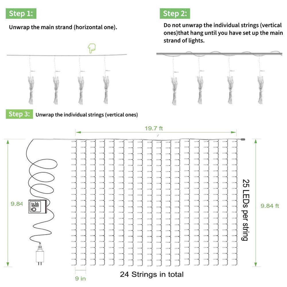 Solhice LED Curtain Lights Outdoor 20ft x10ft, 600 LED Plug in Hanging Window String Lights Indoor, Twinkle Lights Backdrop for Backyard Patio Wedding Bedroom Decor, Warm White (Not Connectable)