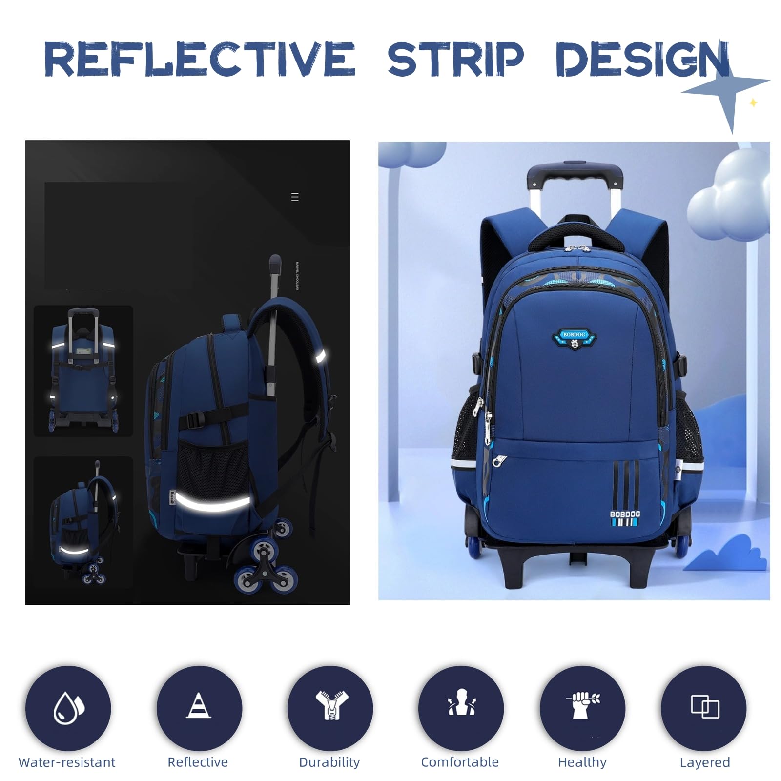 LANSHIYA 3Pcs Galaxy Kids Rolling Backpack Black Starry Sky with Wheels Trolley School Bag Set for Boys