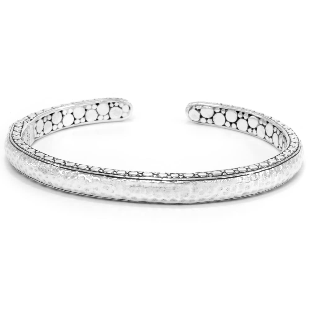 SARDA - .925 Sterling Silver Hammered & Flat Jawan Oval Hinged Open Bangle Bracelet 7"- Handmade by Bali Artisans - Fits Wrist Sizes 6" - 7"