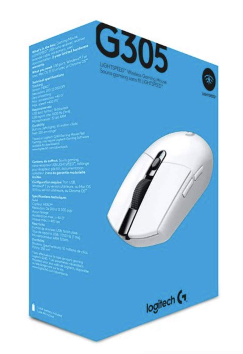 Logitech G305 Lightspeed Wireless Gaming Mouse, HERO Sensor, 12,000 DPI, Lightweight, 6 Programmable Buttons, 250h Battery Life, On-Board Memory, Compatible with PC/Mac - White (Renewed)