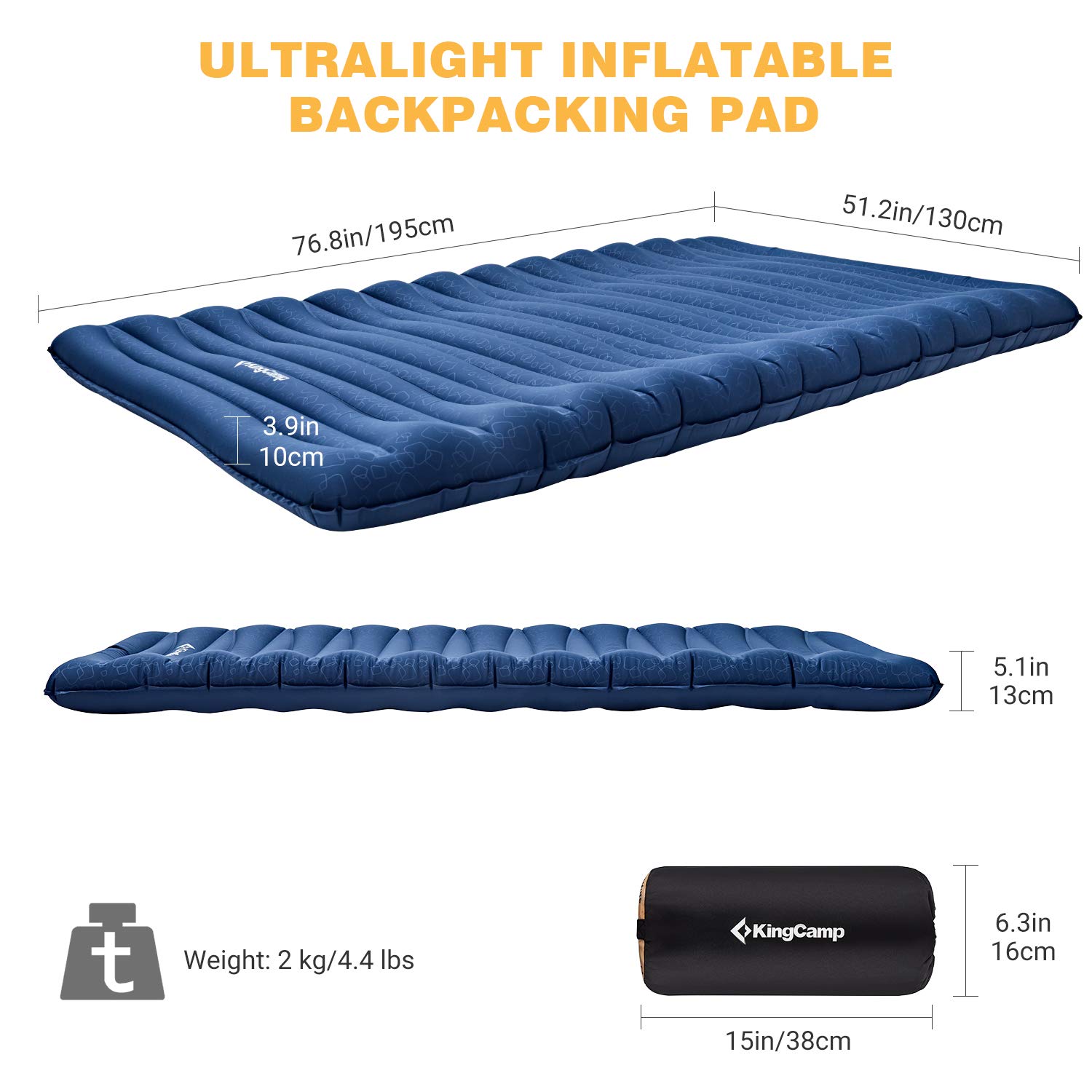 KingCamp Double Camping Mattress Lager Szie Anti-Rollover Camping Air Mattress with Excellent Back Support 3.9" Thick Comfortable Ultralight for Travel Backpacking Camping Hiking