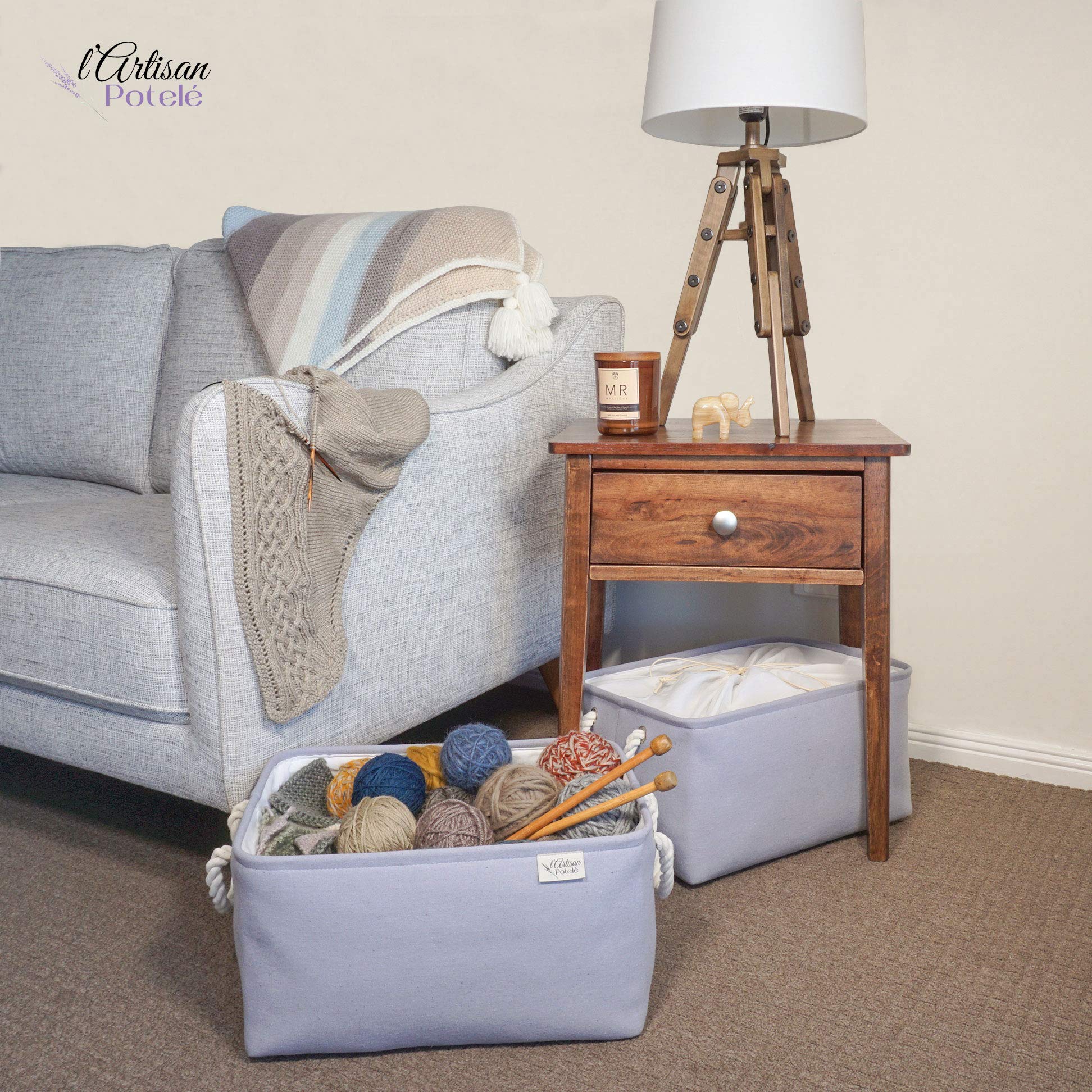 l'Artisan Potelé Storage Basket (2 Set) Lavender Storage Bins / Storage Baskets with Covers (16"x12"x8.5") Attachable Dividers| Decorative Storage Bins, Empty Gift Basket or Dog Toy Baskets