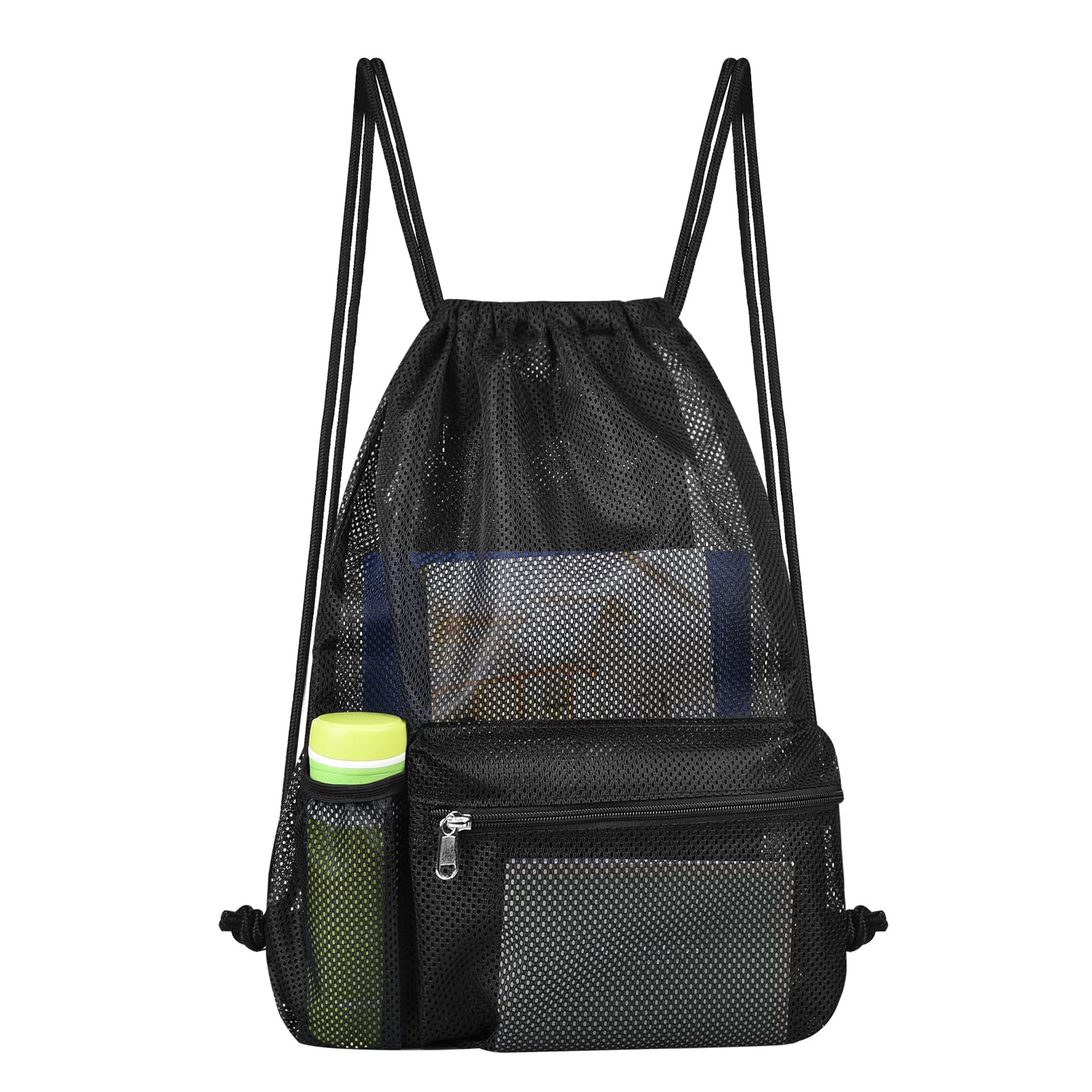 Paxiland Heavy Duty Mesh Drawstring Bag for Basketball Sport Equipment Storage Bag Drawstring Backpack for Beach Swimming Toys Gym (Black)