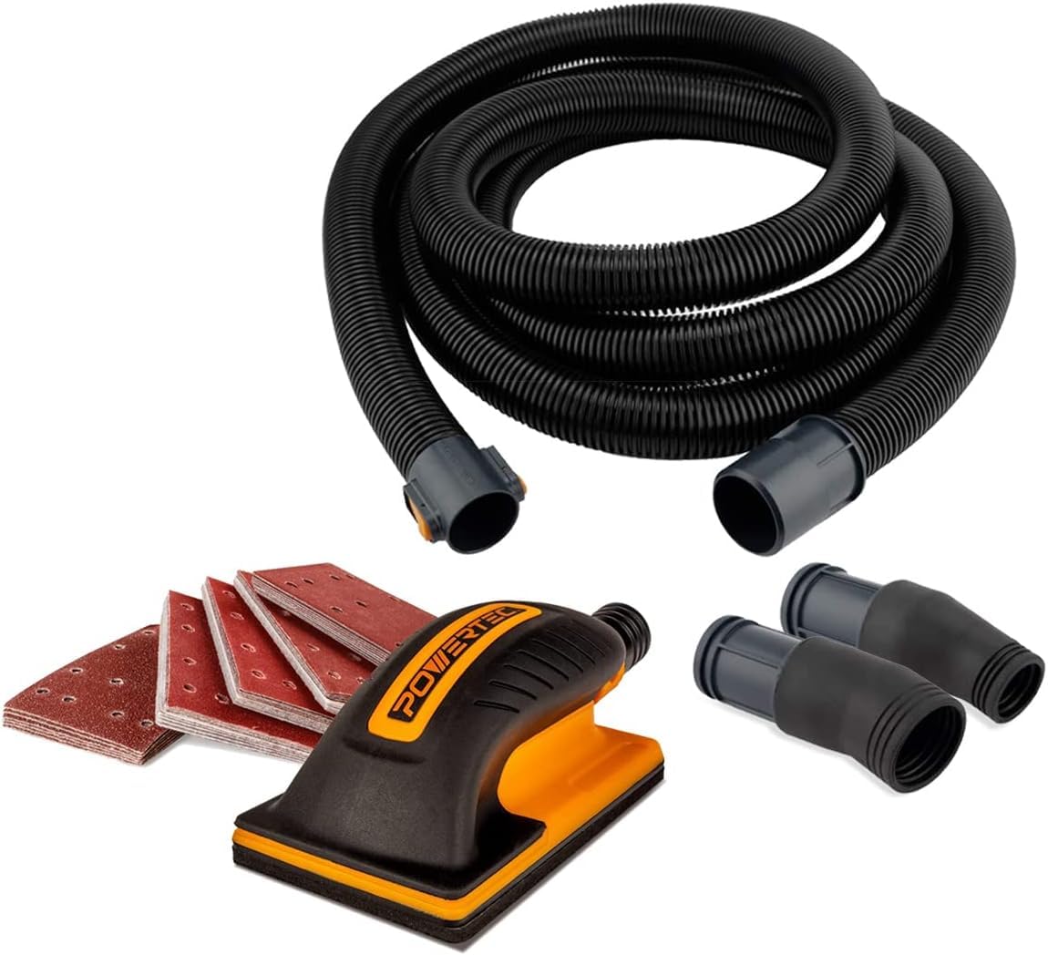 POWERTEC 71743 Dust Collection Hose Attachment and Hand Sander Block Kit w/Ultra Flex Vacuum Adapters, Assorted Grit Oxide Sander Pads
