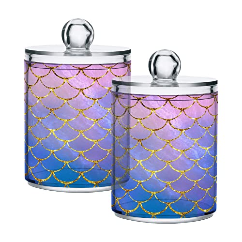 xigua 2 Pack Colored Fish Scales Apothecary Jars with Lid, Qtip Holder Storage Containers for Cotton Ball, Swabs, Pads, Clear Plastic Canisters for Bathroom Vanity Organization (10 Oz)