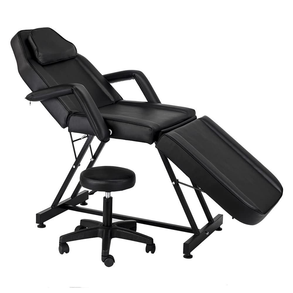 ZHYH 72" Adjustable Beauty Bed Beauty Salon SPA Massage Bed Tattoo Chair with Stool Black