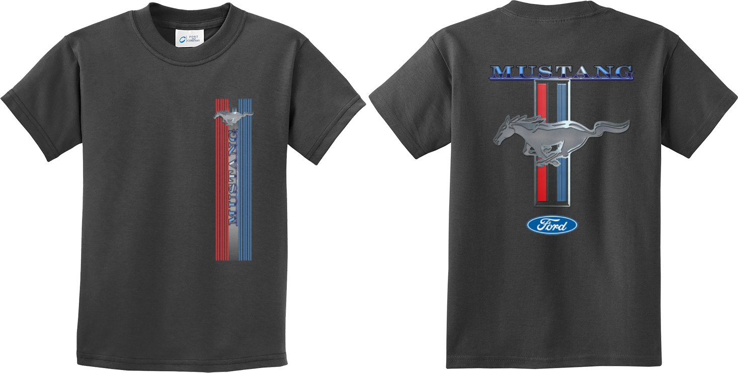 Kids Ford Mustang T-shirt Stripe Youth Tee Front and Back