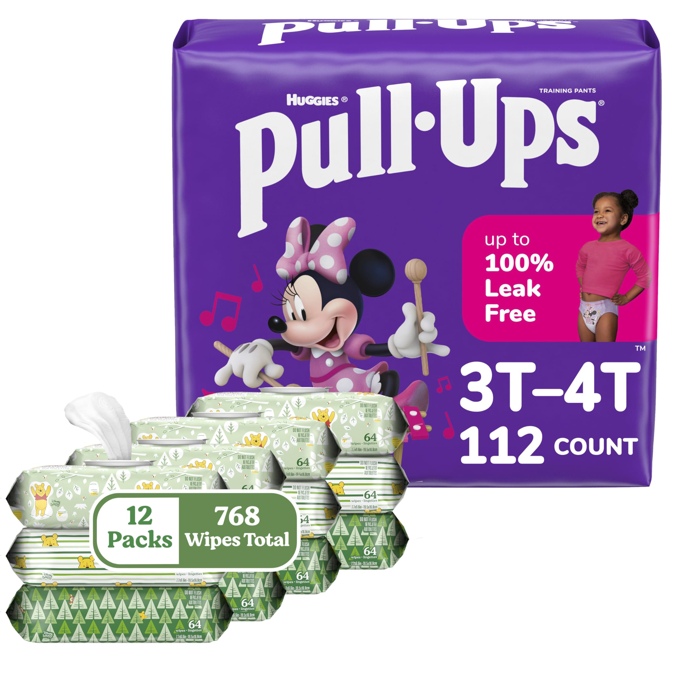 Pull-Ups Girls Training Pants & Wipes Bundle: Pull-Ups Training Pants for Girls Size 3T-4T, 112ct & Huggies Natural Care Sensitive Wipes, Unscented, 12 Packs (768 Wipes Total) (Packaging May Vary)