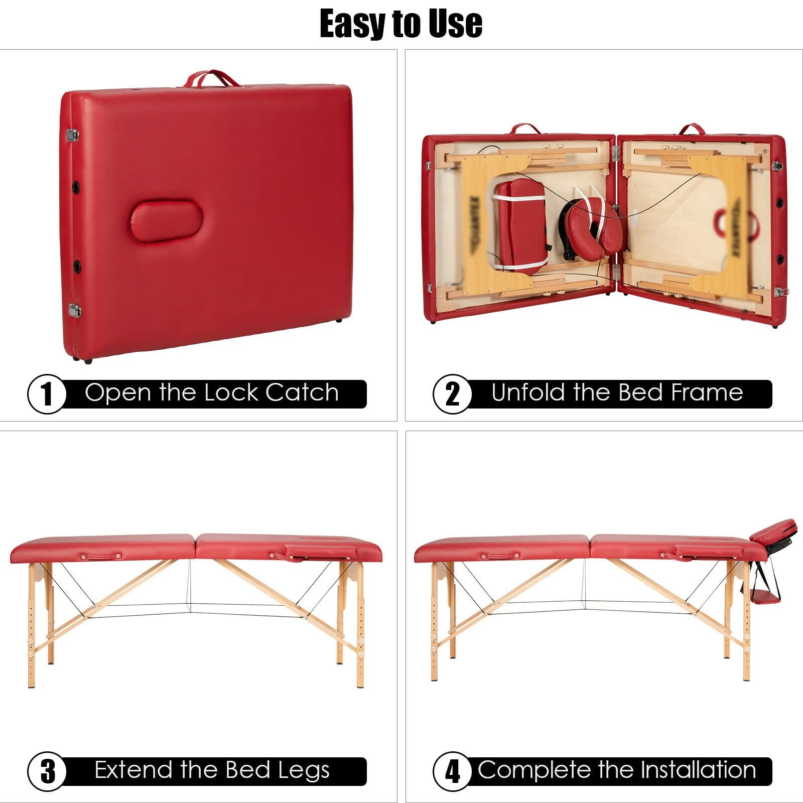 ZHYH 84" L Portable Massage Table Adjustable Spa Bed Tattoo w/Carry Case Red