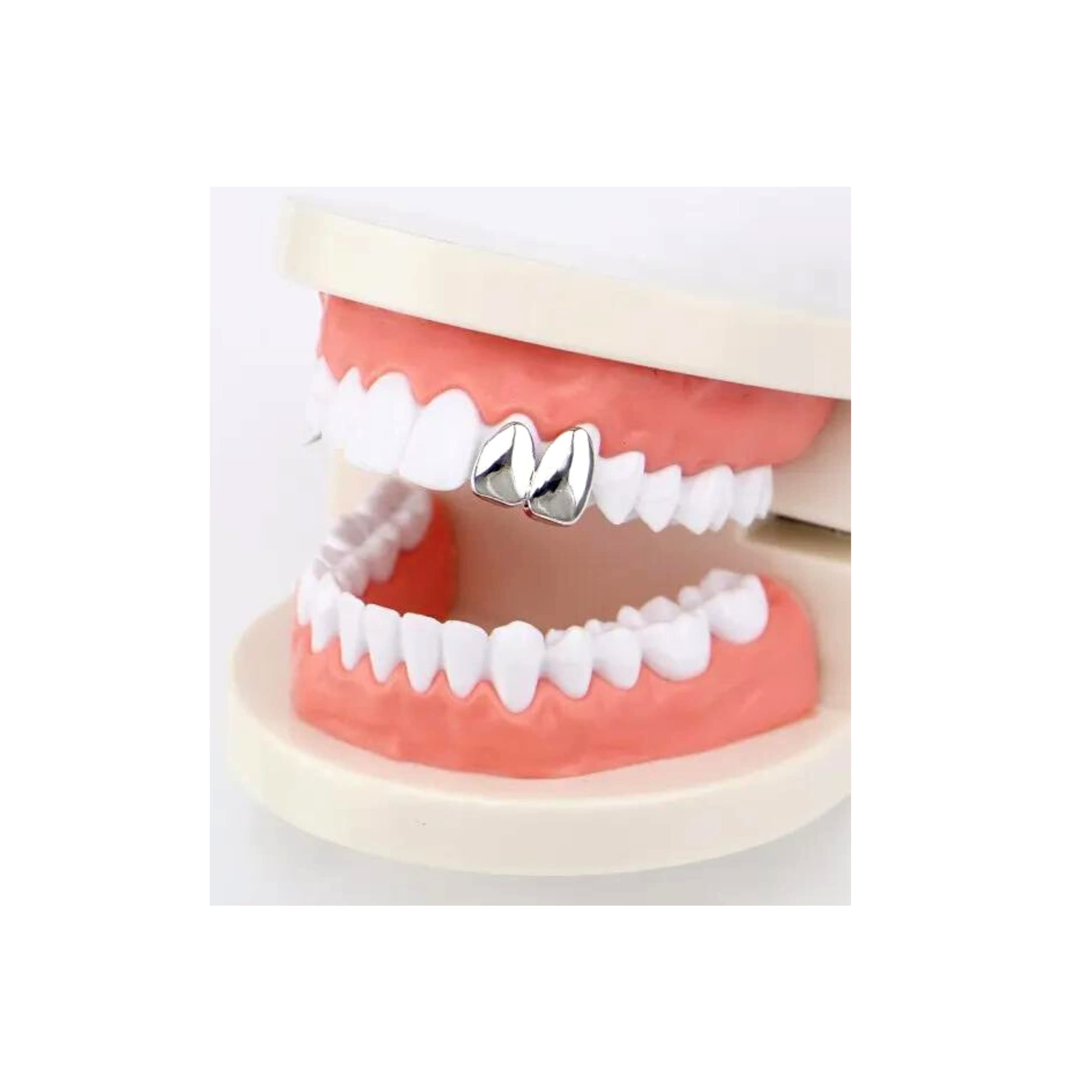 Silver Plated Hip Hop Double Slugs Caps Grillz Teeth - Adjustable Plastic Insert - Cosplay Costume Rapper