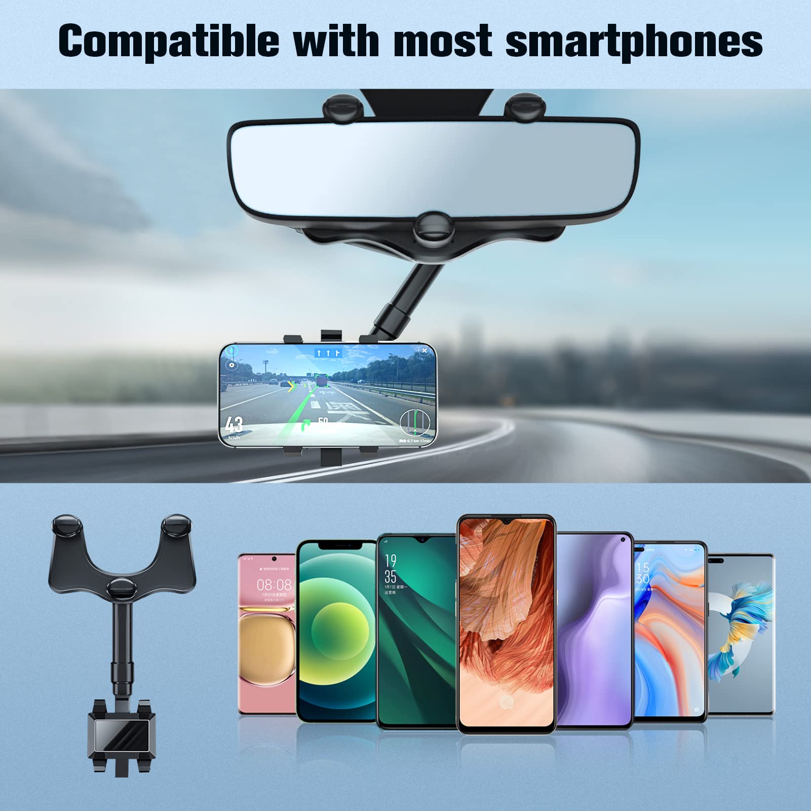 PDPdoc Universal 360 Car Rearview Mirror Mount Phone Holder, Black, Compatible with All Smartphones and Car Models