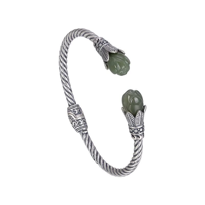 Silver Plated Open End Bangle Bracelet With 2 Natural Jade Gemstones