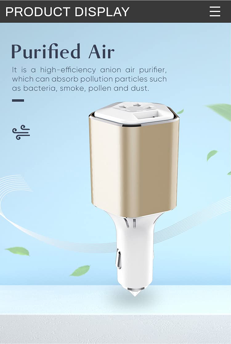 Proper | Car Air Purifier Ionizer 4-in-1 Premium Air Purifier + USB Port Charger + Window Breaker Hammer For Safety + Aromatherapy - (Gold)