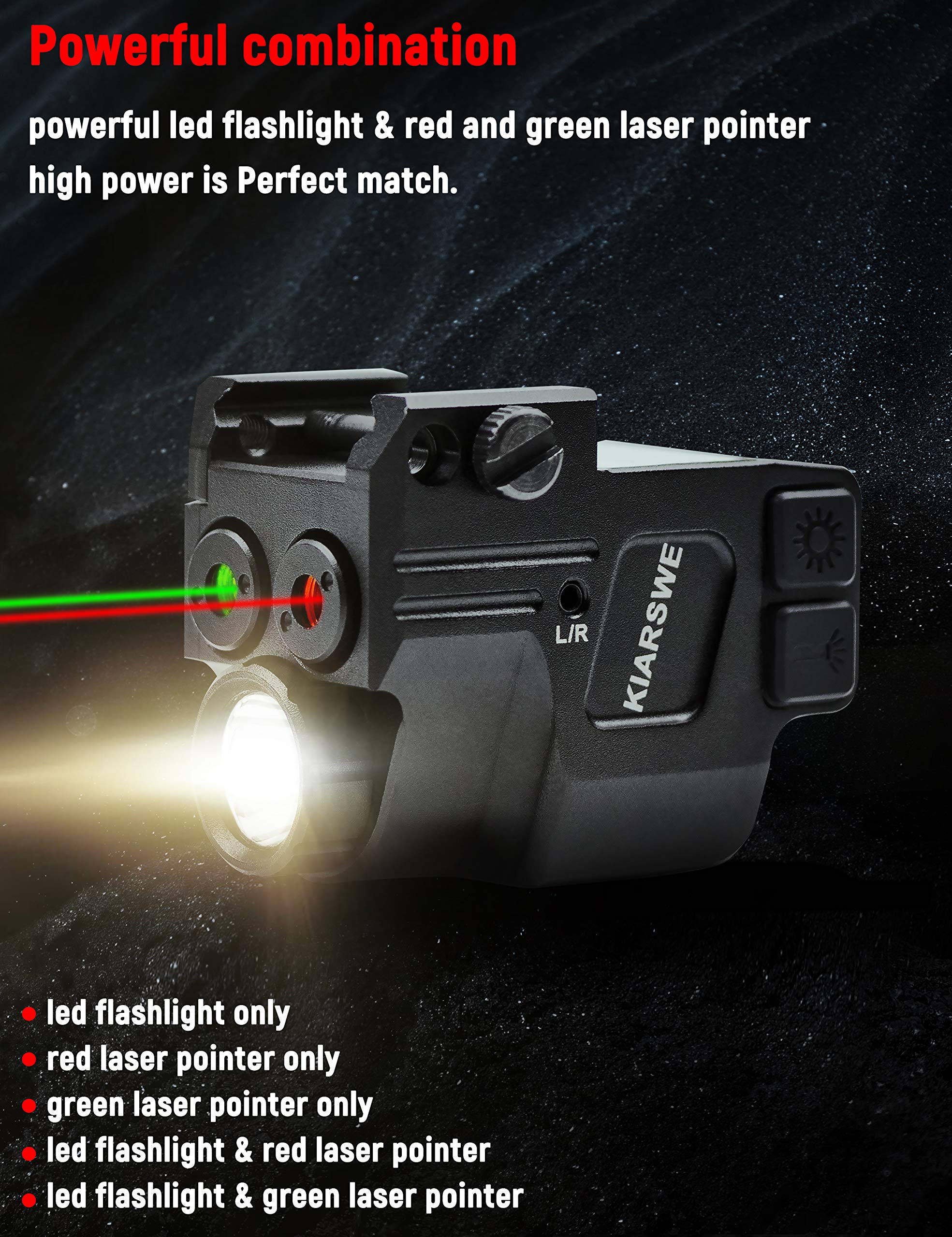 Kiarswe Shockproof Laser Light Combo, 500 Lumens Green Laser Light Combo, USB Rechargeable Red Green Laser Beam