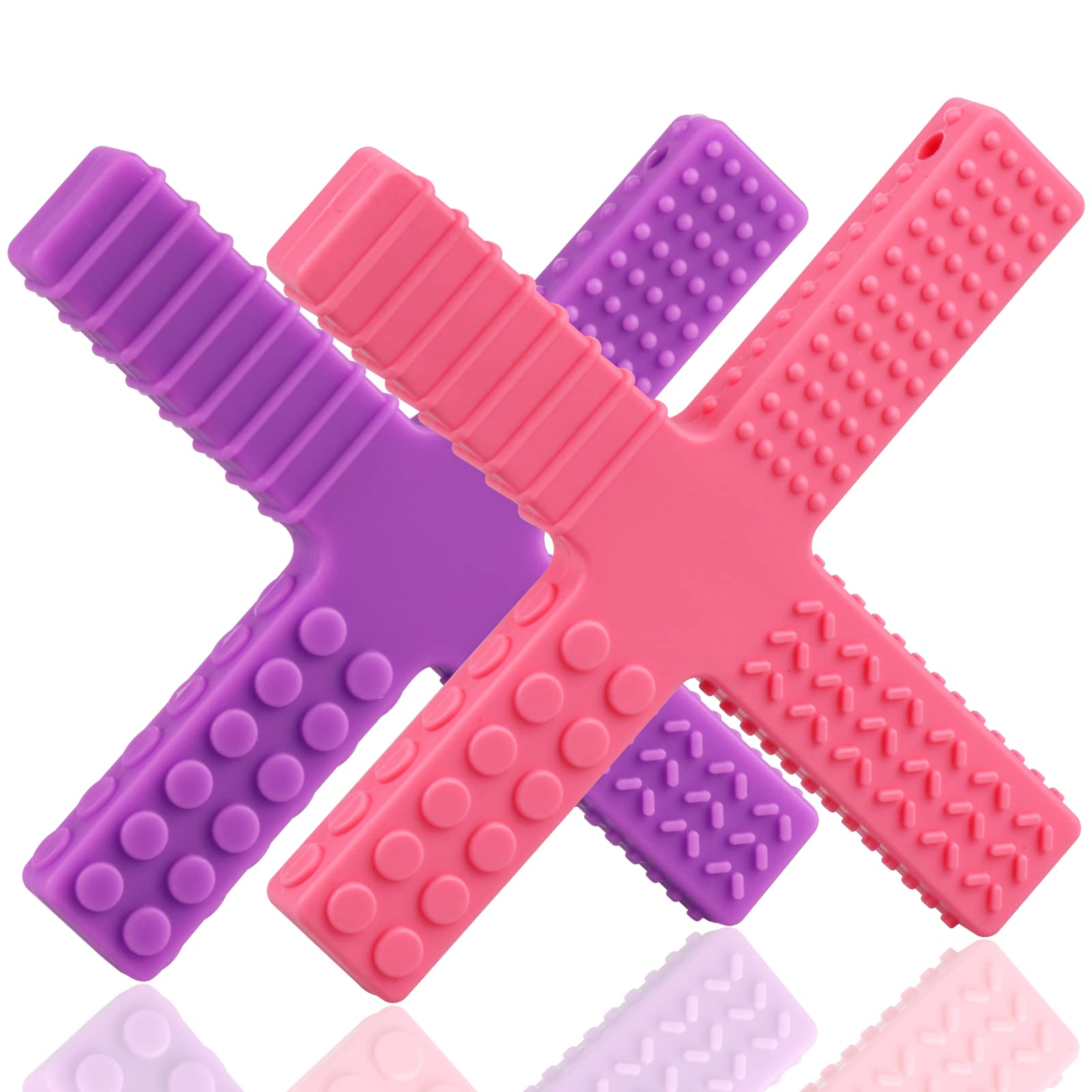 Sensory Chew Toys, Pack of 2 Silicone X Teether Chewing Stick for Autistic Chewers, ADHD, SPD, Oral Motor Stimulation or Special Needs (Pink, Purple)