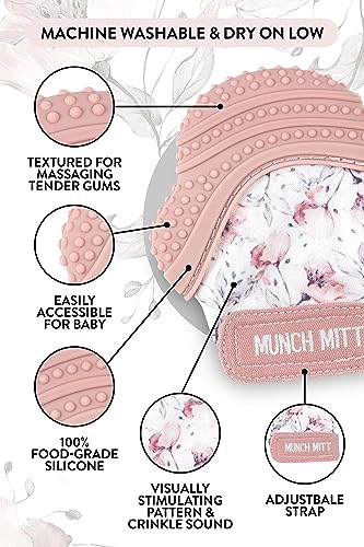Malarkey Kids Baby Teething Mitten, Munch Mitt Baby Chew Toy - Protects Hands from Chewing & Saliva, Heals Aching Gums, Promotes Sound & Visual Stimulation for Babies Up to 1-Year-Old (Spring Flower)