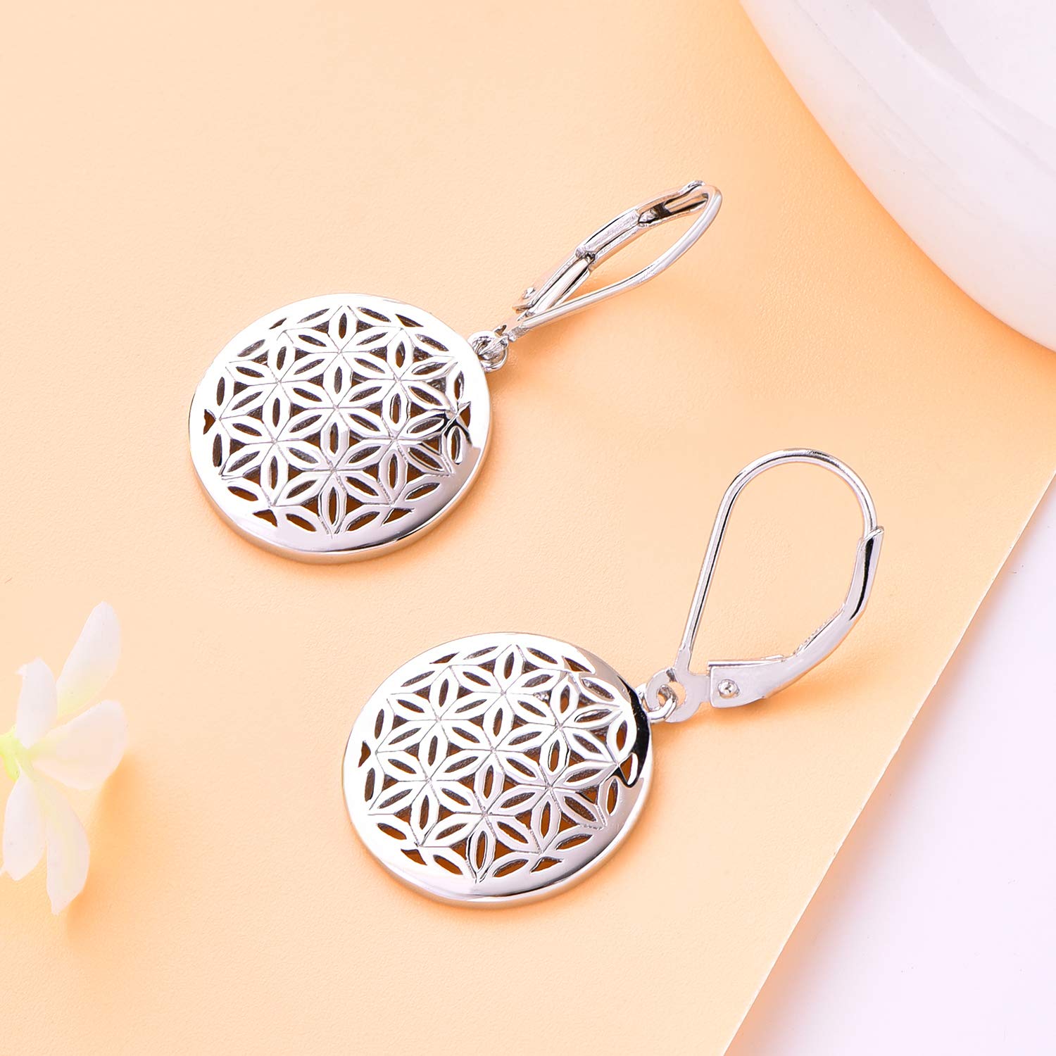 JO WISDOM 925 Sterling Silver Flower of Life Drop&Dangle Leverback Earrings