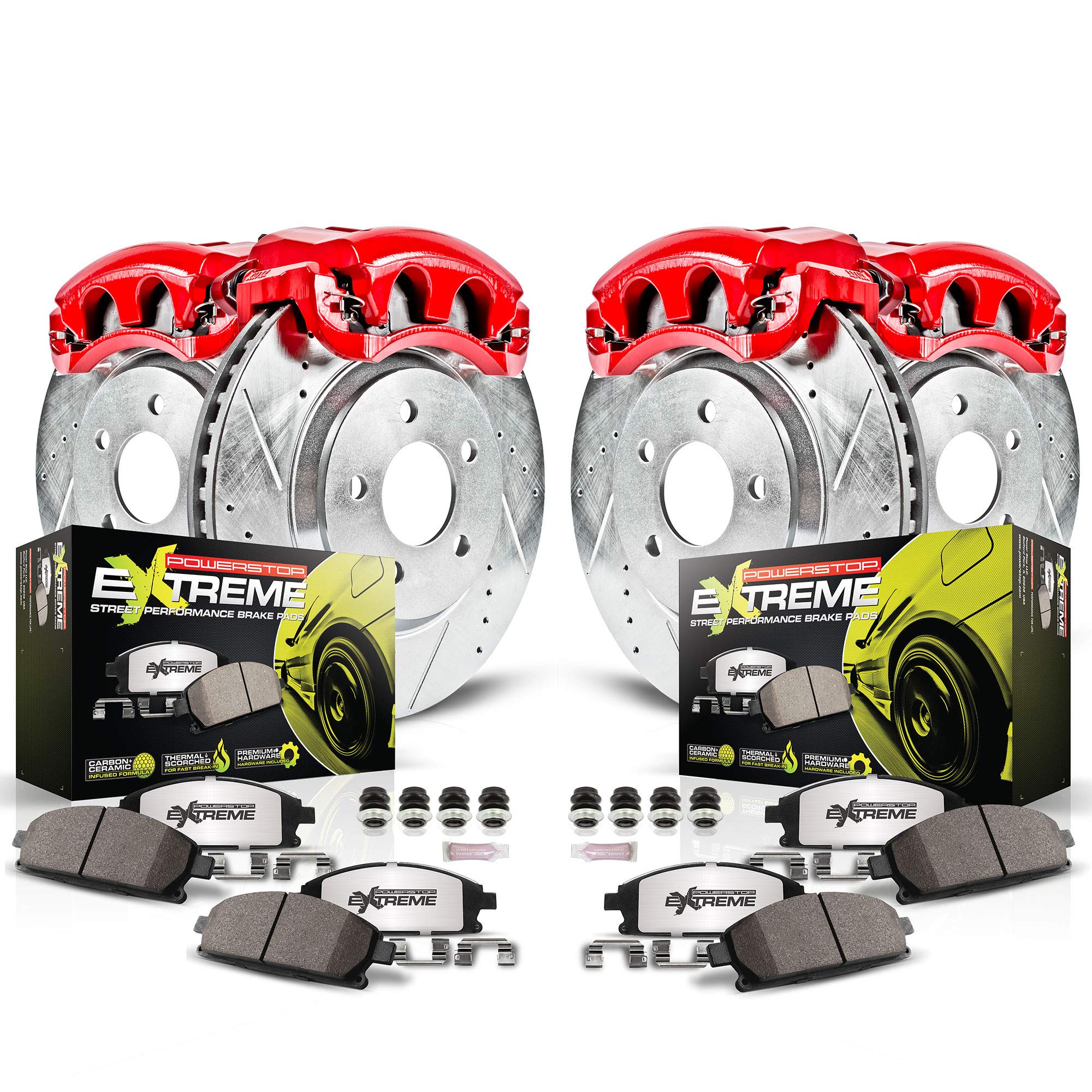 Power Stop KC6947-26 Front and Rear Z26 Street Warrior Brake Pad and Rotor Kit with Red Powder Coated Calipers For Lexus IS350 2014-2015 [Model Specific]