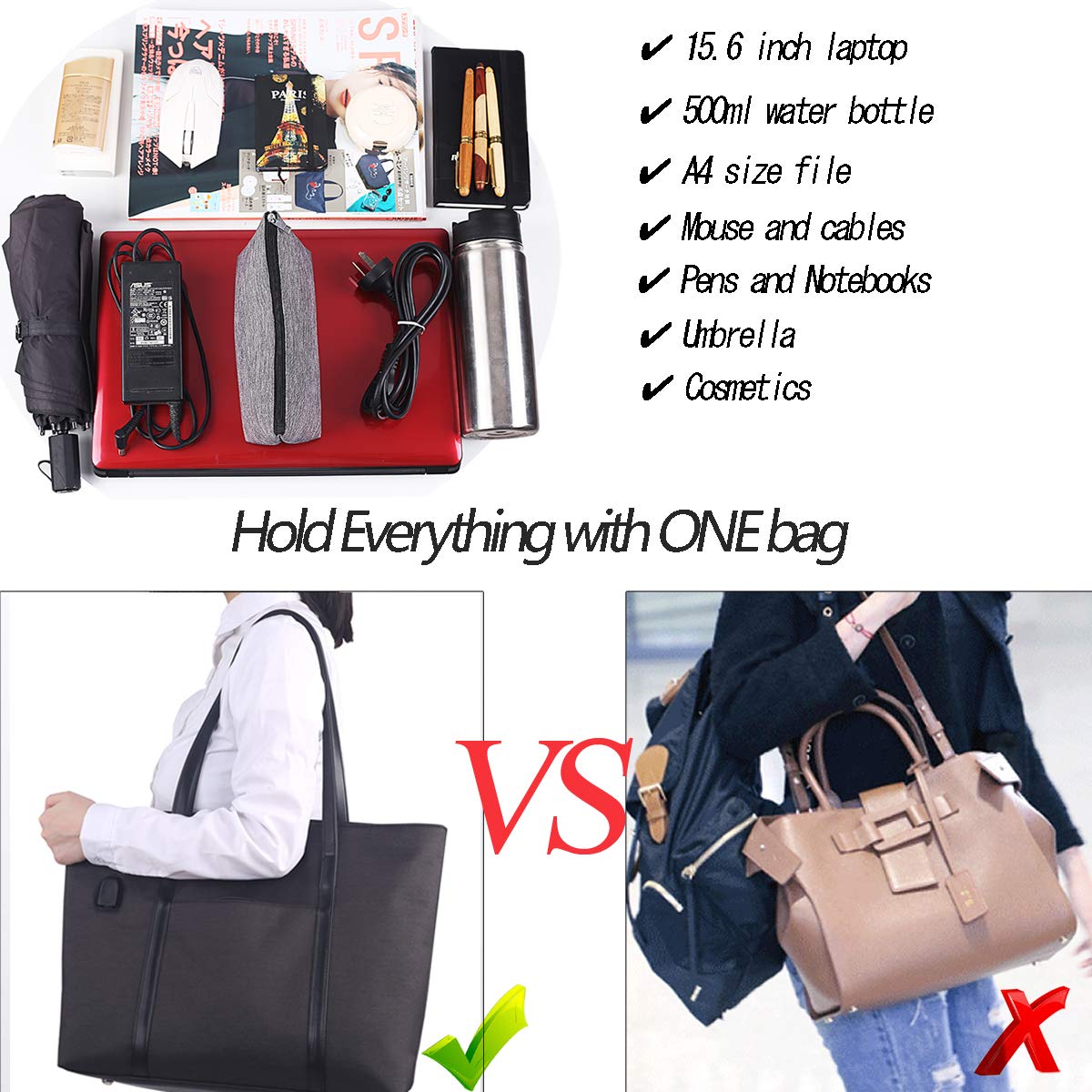 Laptop Tote Purse Large, Business Women Work Bag Teacher Tote Bag Many Pockets (L-Black)