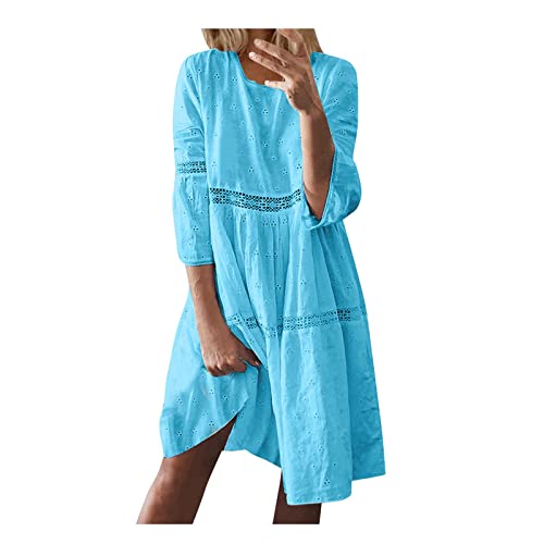 Summer Dresses for Women 2023 Beach, Sequin Dress Long Sleeve Dresses Floral Flowy Dress Boho Solid Neck Dresses Lace Hollow Out Splice Mid-Long Dresses Clothes Dresses Vestido (M, Light Blue)