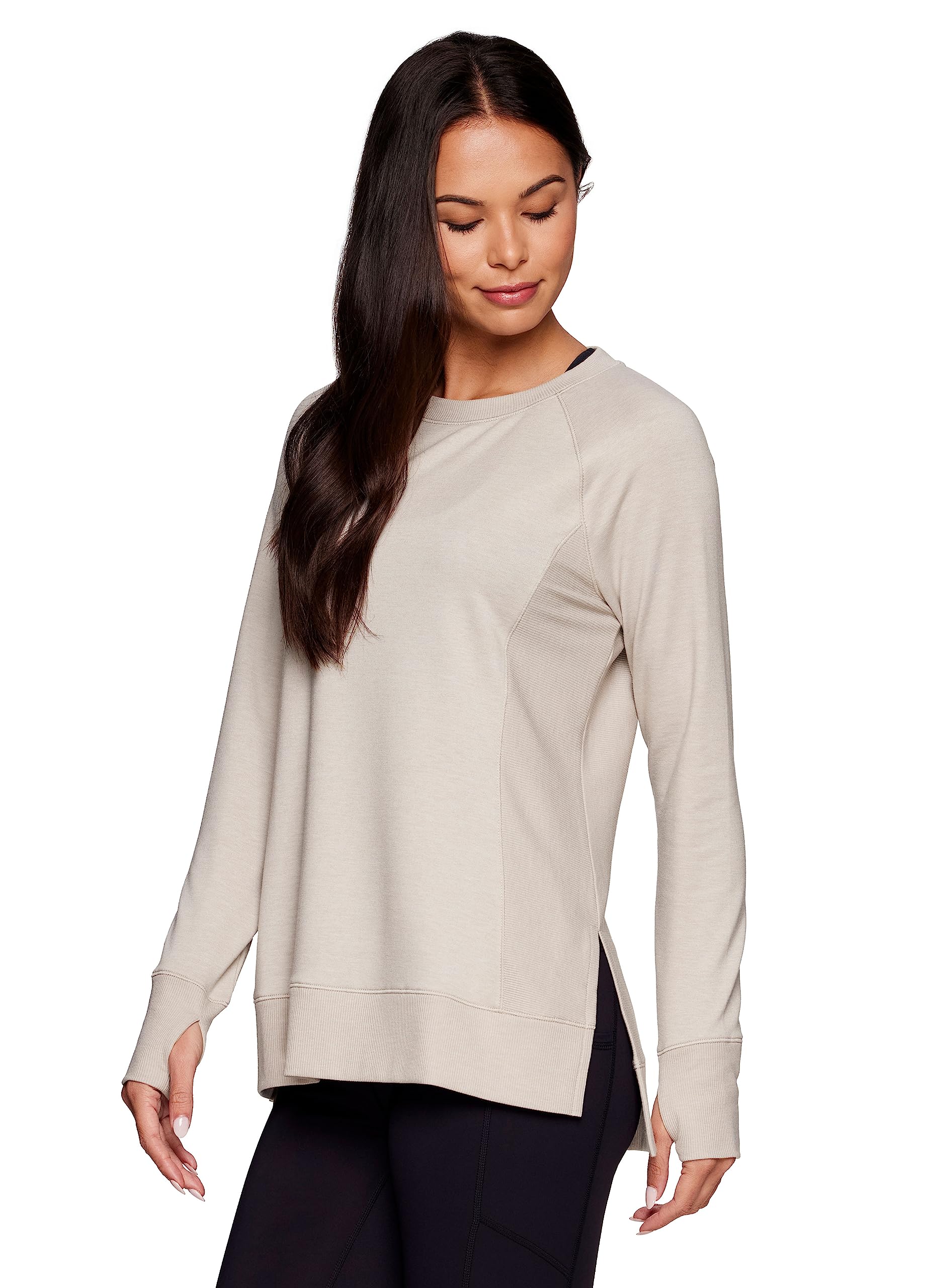 RBX Active Women's Yoga Tunic Sweater for Women Lightweight French Terry Sweatshirt Pullover Long Sleeve Top with Thumbholes, Ribbed Side Charcoal Heather S