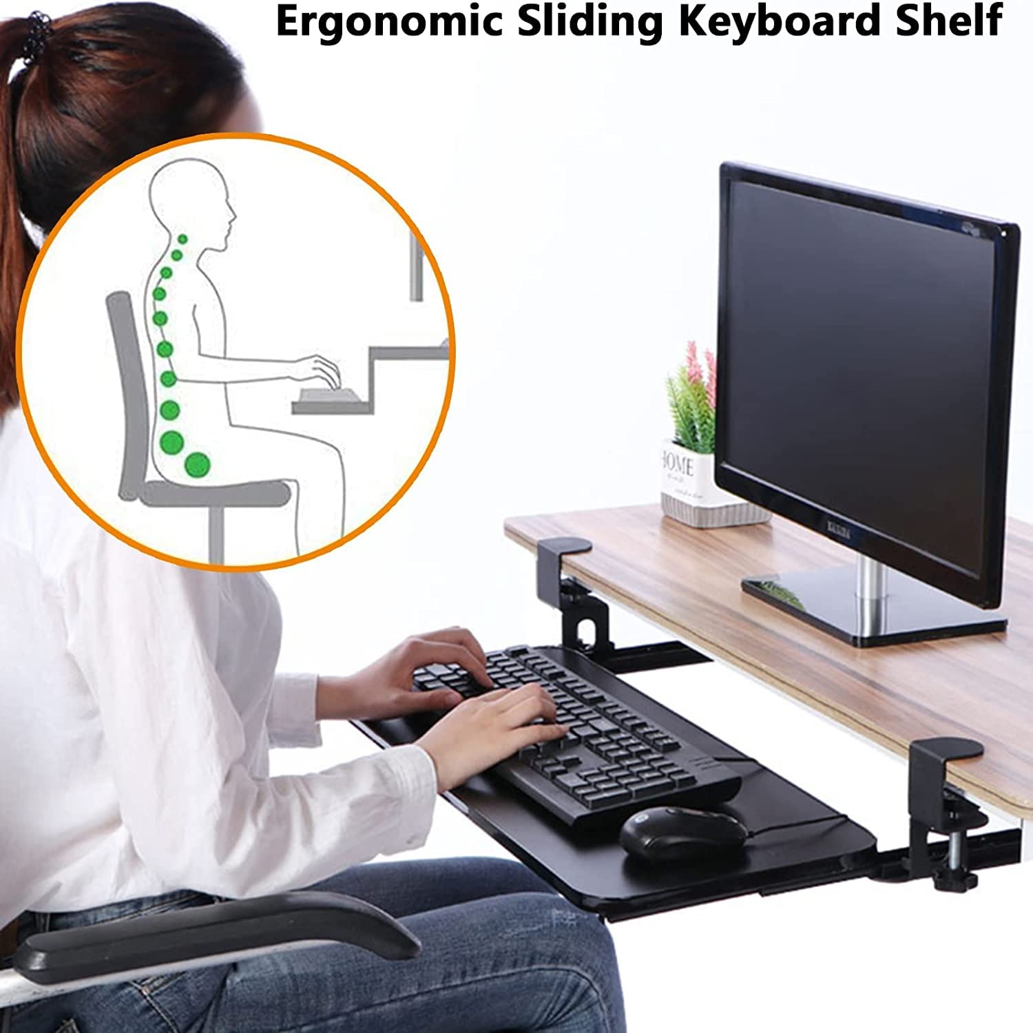 Keyboard Tray Stores Under Desk Sliding Keyboard Shelf Under Desk - Black Wooden Keyboard Tray for Home Office - Clamp-on - Sturdy and Easy to Install, Pull-Out Drawers Platforms