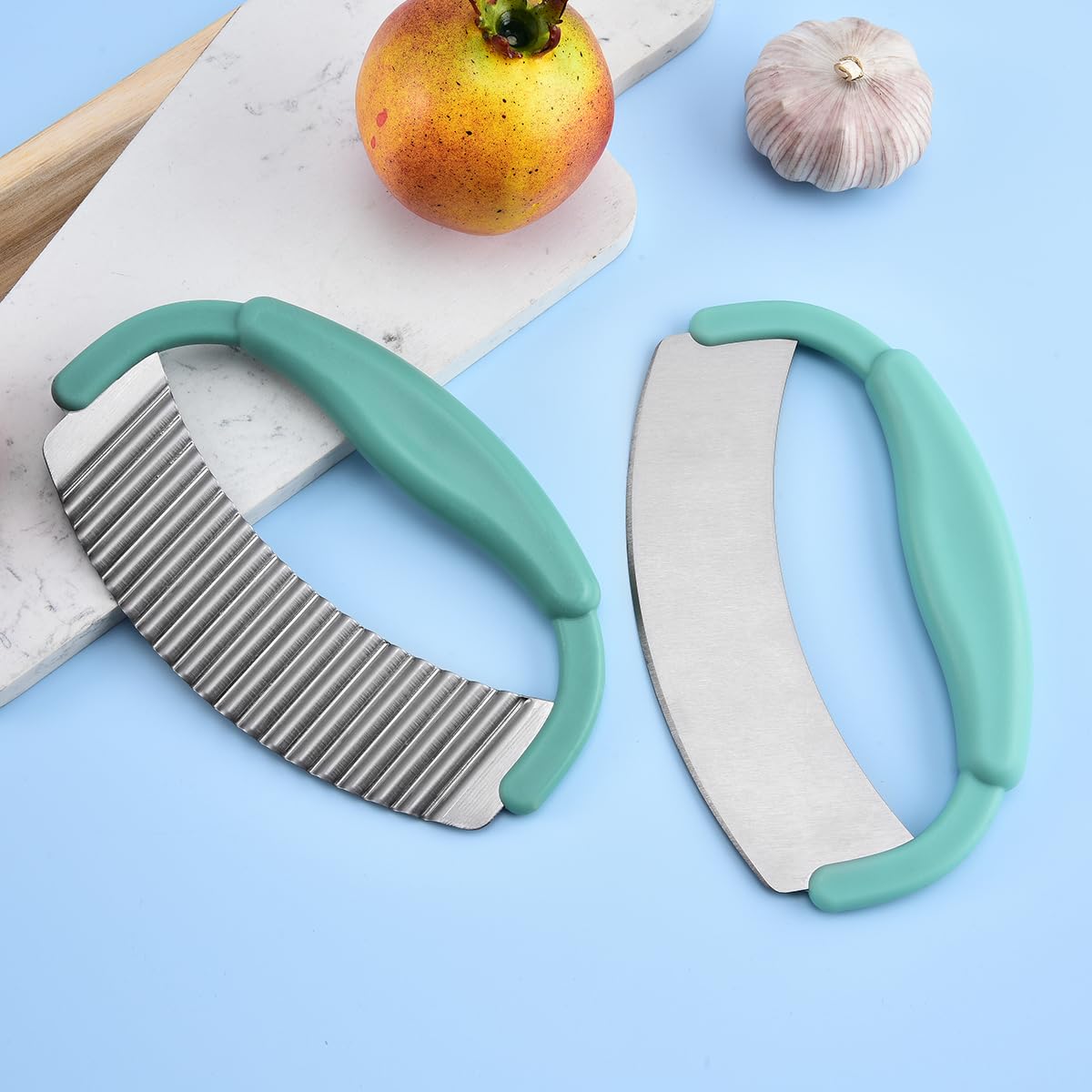 Juncus Wavy Crinkle Cutting Tool Serrator Salad Chopping Knife and Vegetable French Fry Slicer, Steel Blade, Safe Kitchen Tools Wavy Slicer for Fruit, Vegetable, Carrot, Potato (Green)