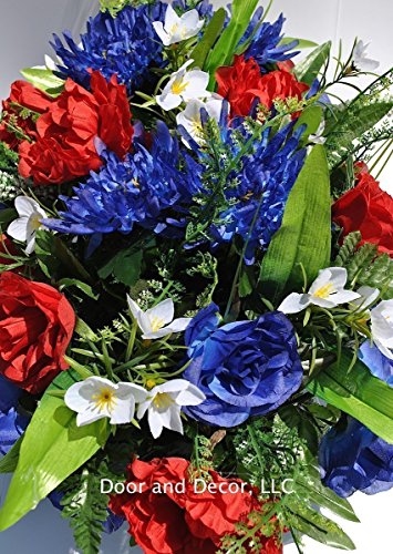 Summer Patriotic Cemetery Flowers with Red Roses, Blue Spider Mums, Blue Roses, and White Forget-me-nots headstone saddle arrangement