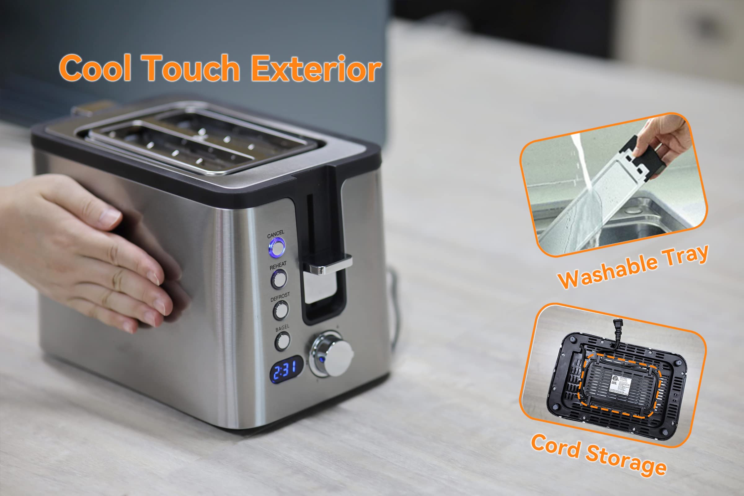 Mecity Toaster 2 Slice Stainless Steel Toaster Countdown Timer, Bagel/Defrost/Reheat/Cancel Functions,Warming Rack, Removable Tray, 6 Browning Settings, Extra Wide Slots, Bread Toaster, 800W